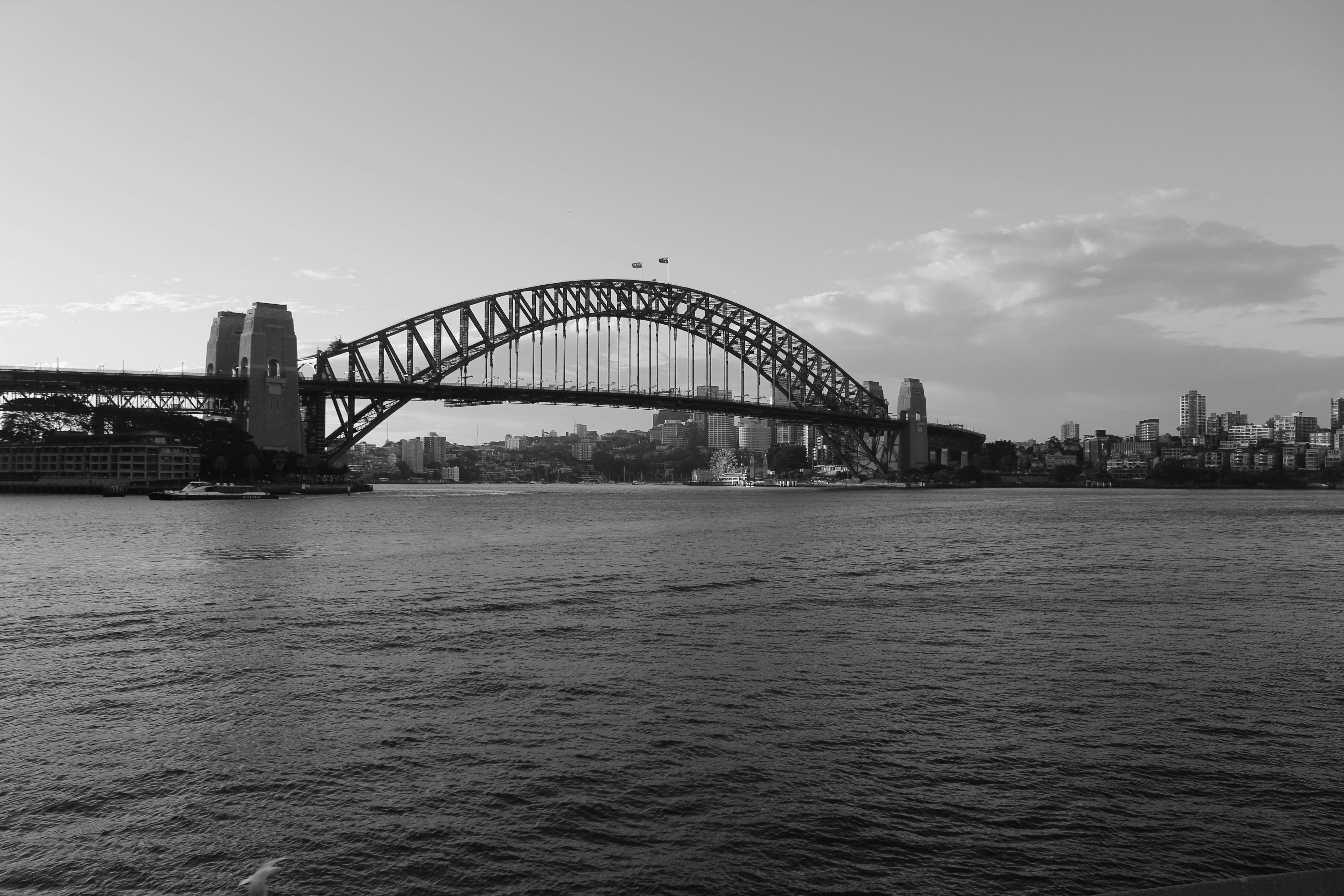 A Grayscale Photo of a Bridge In between Body of Water · Free Stock Photo