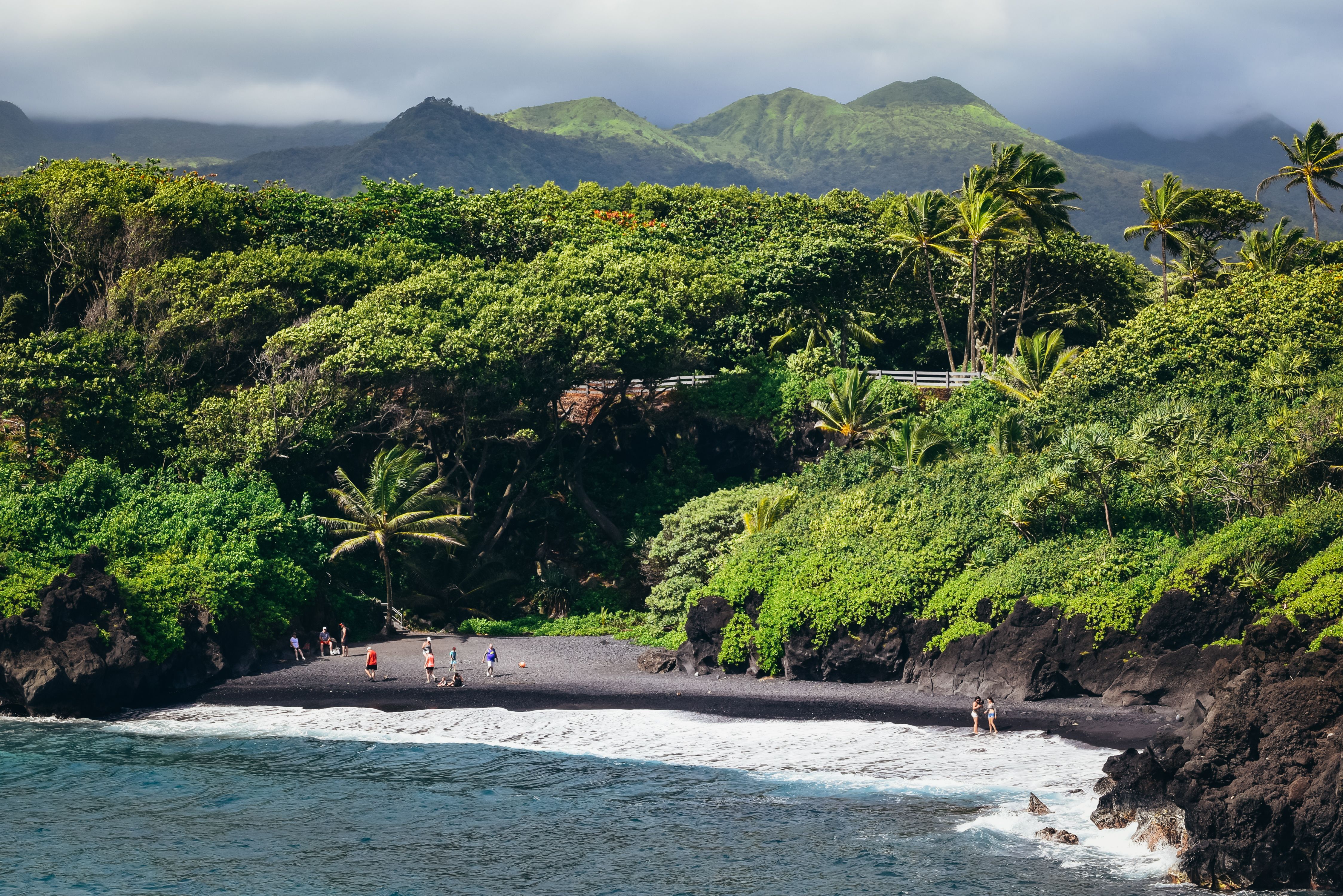 Tropical coastline with green plants and mountains · Free Stock Photo