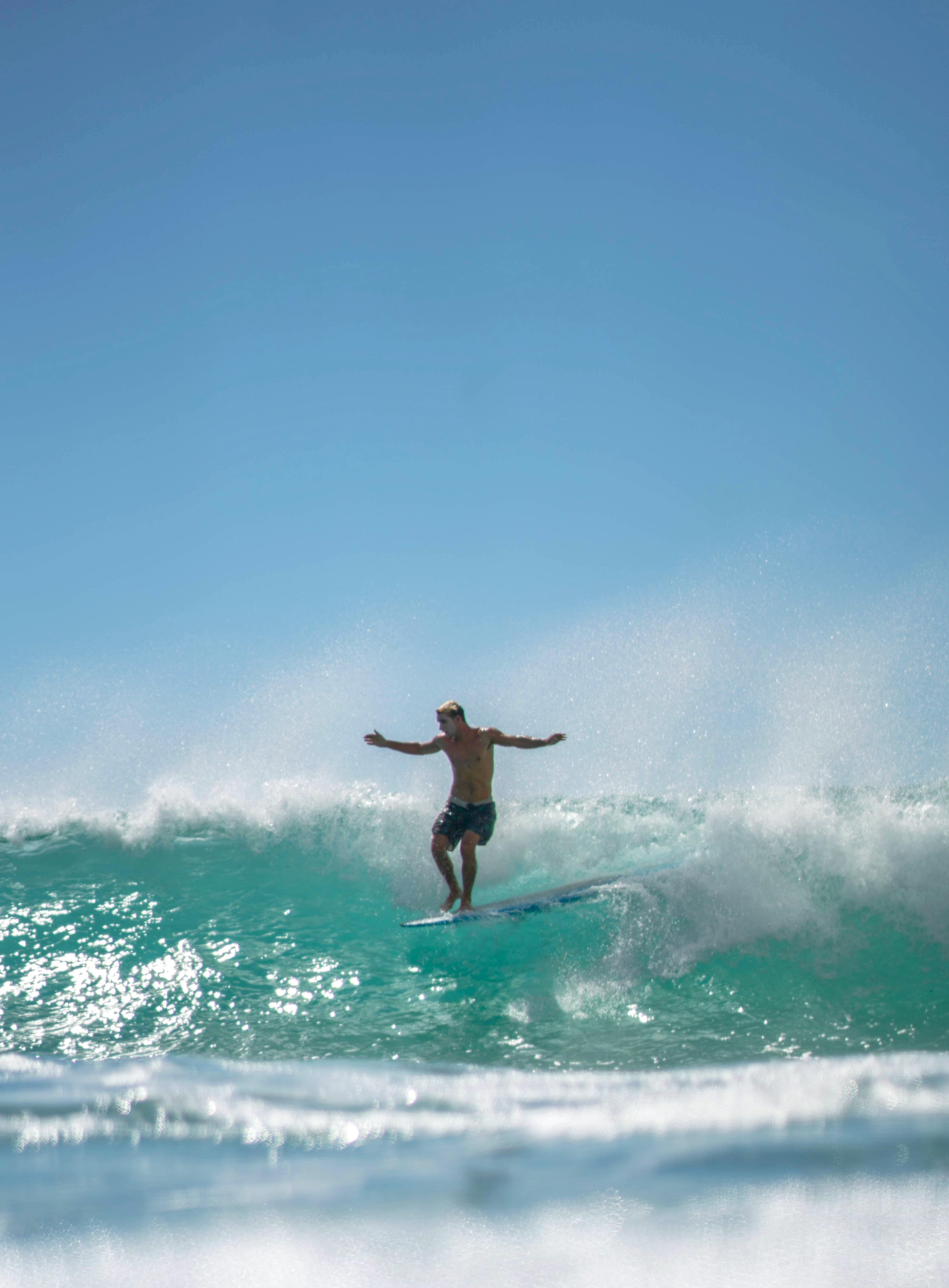 Athletic young surfer riding wave on board on sunny day · Free Stock Photo
