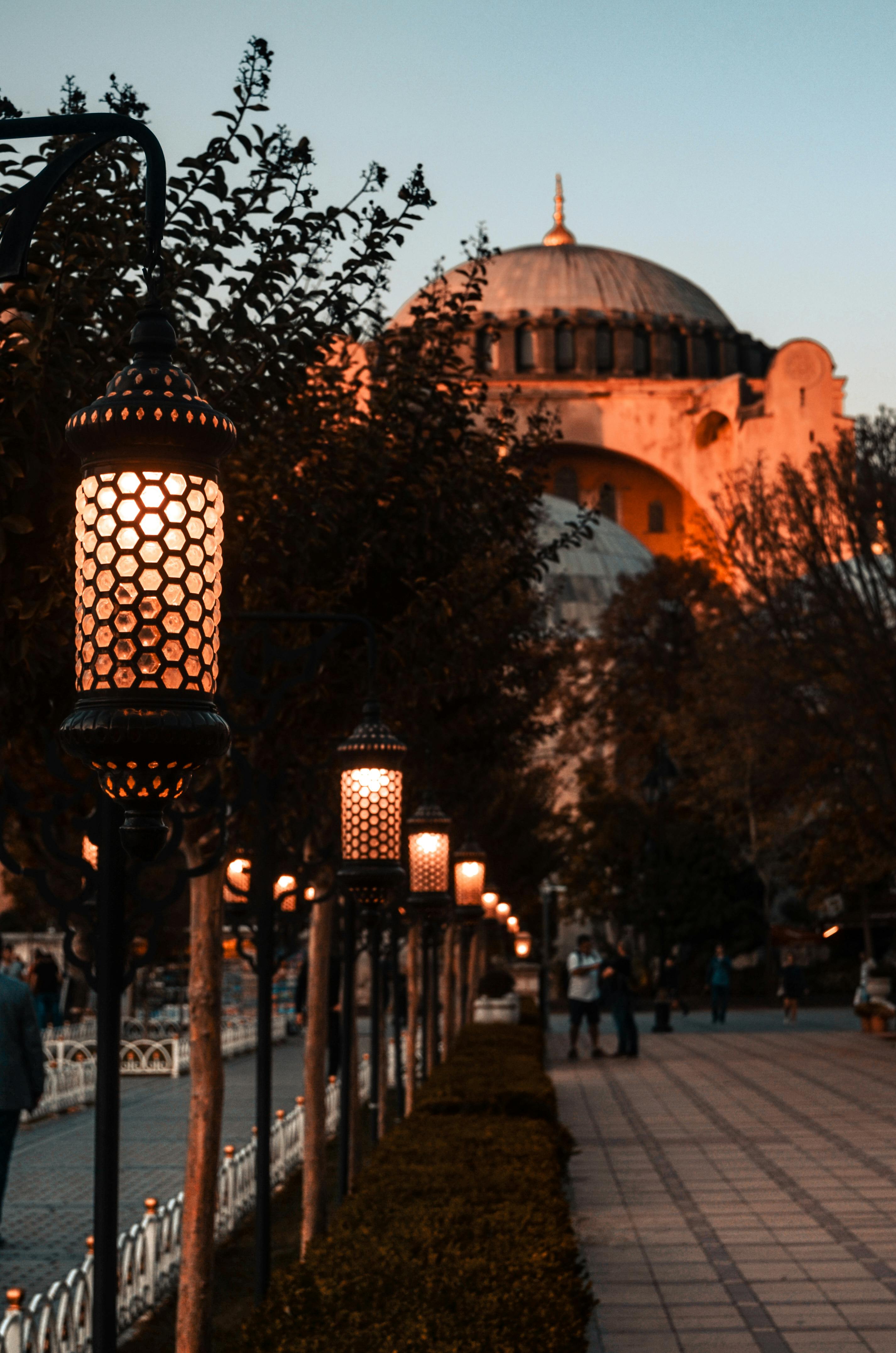 Interior of old mosque with classic chandeliers · Free Stock Photo