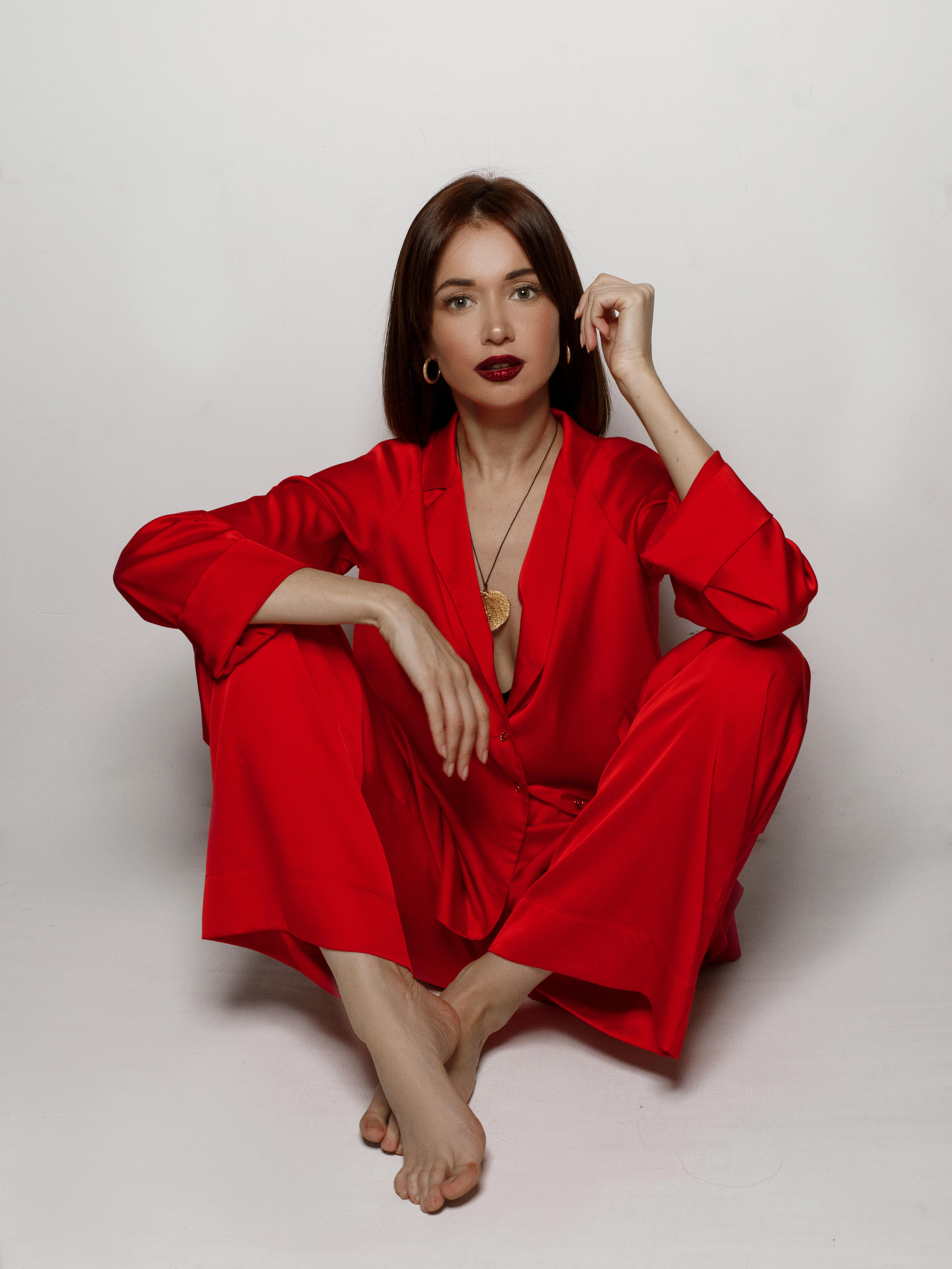 Woman in Red Long Sleeve Romper · Free Stock Photo