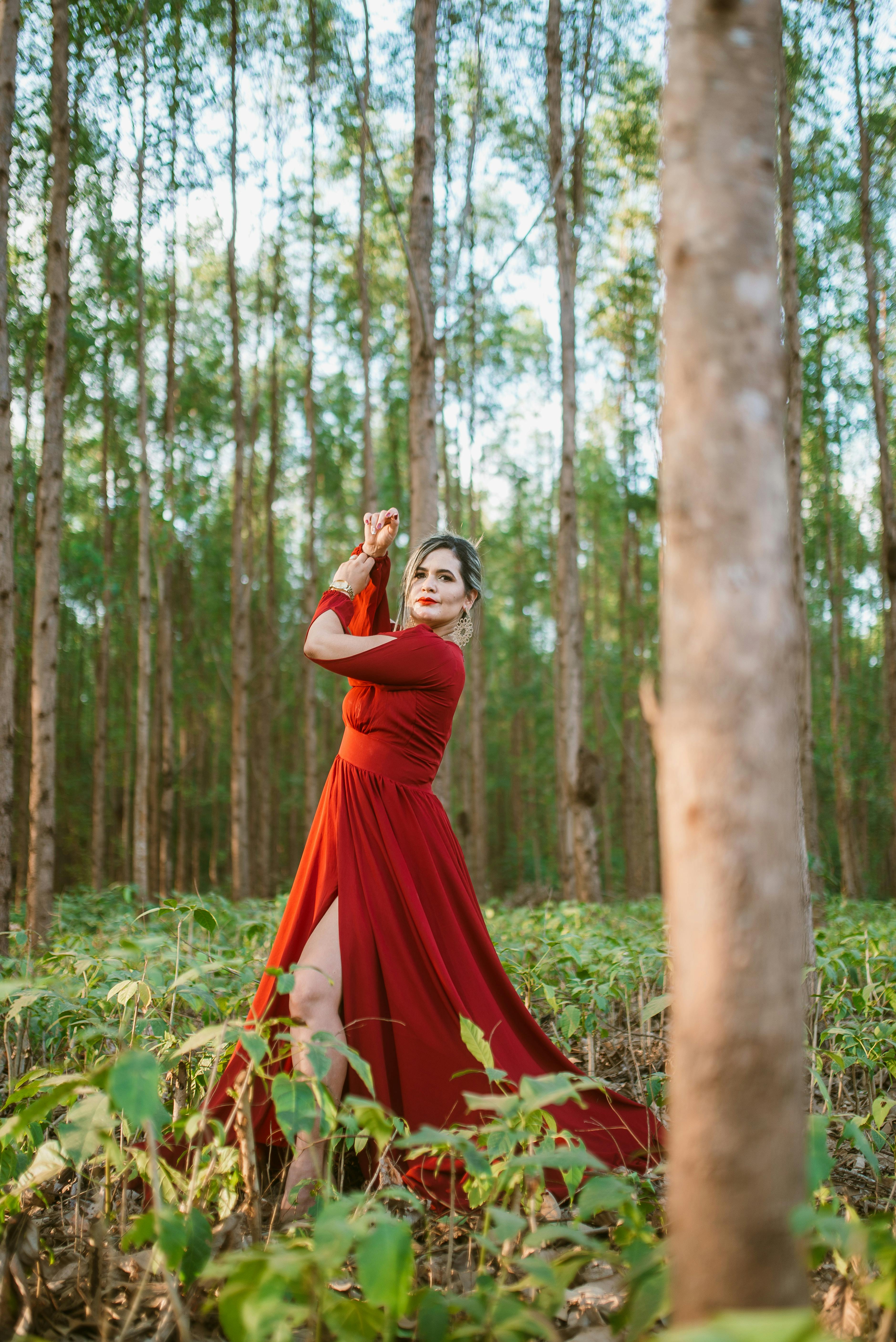 Woman in a Red Dress in Forest · Free Stock Photo