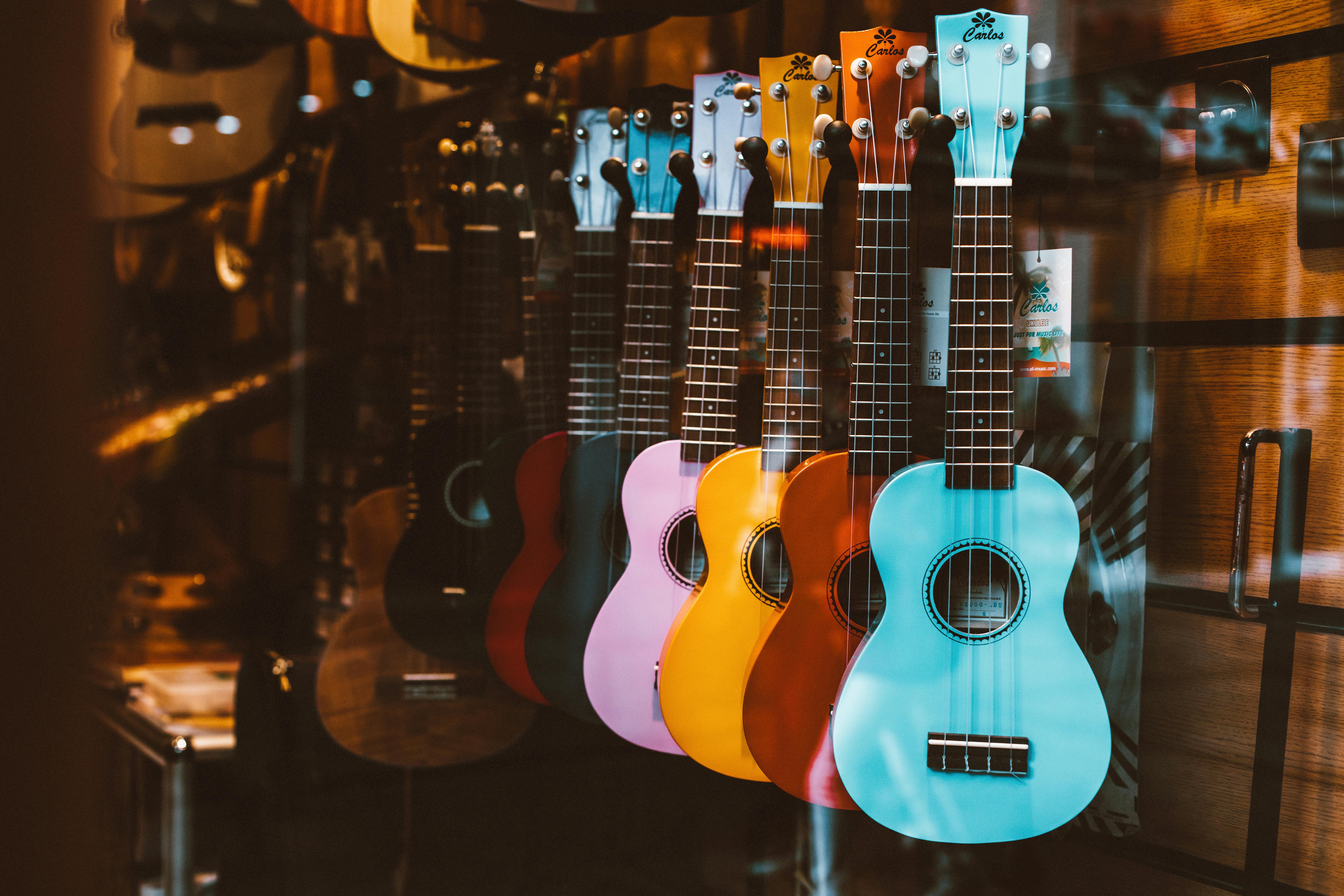 Colorful Guitars Hanging Behind the Glass Window · Free Stock Photo