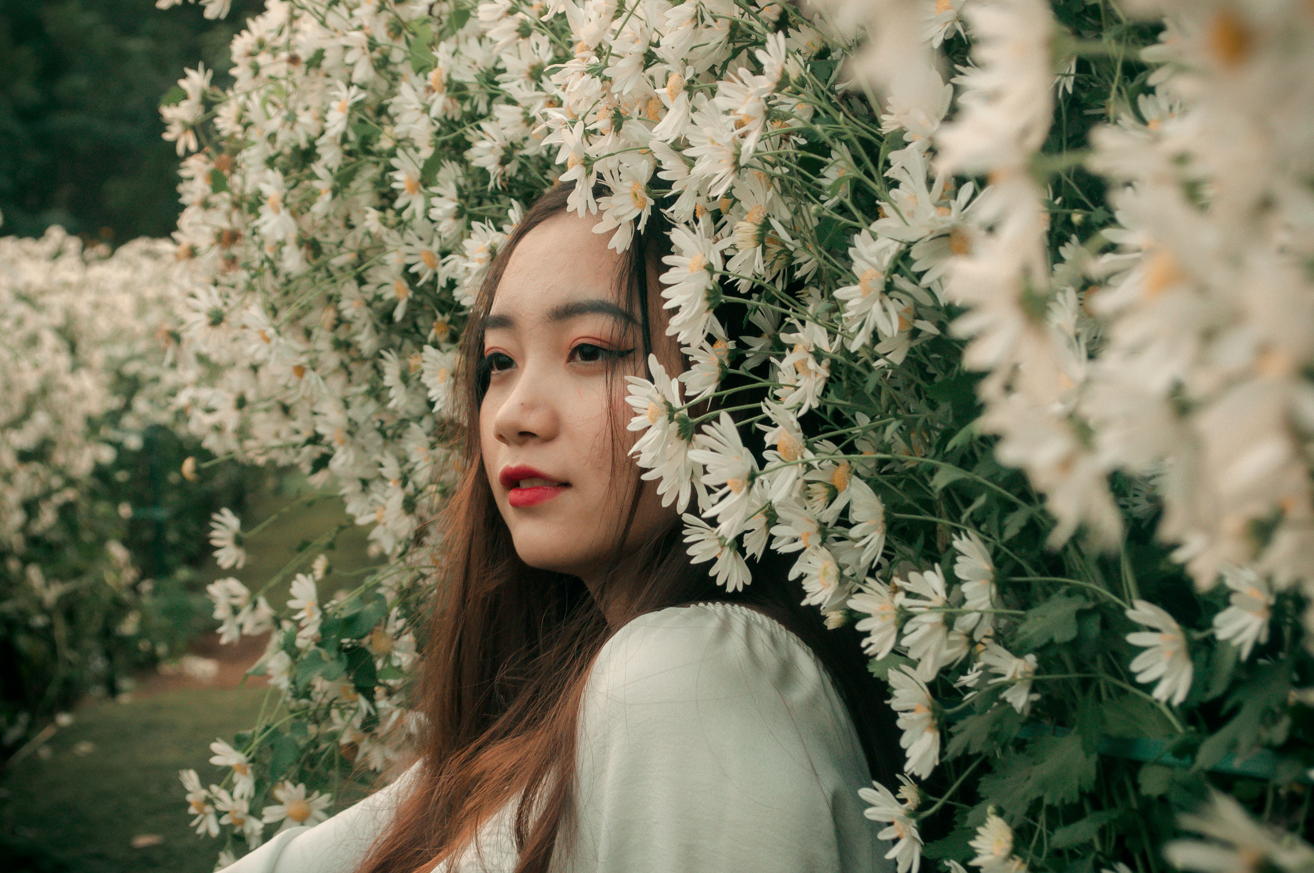 Photo of a Woman Near White Madonna Lily Flowers · Free Stock Photo