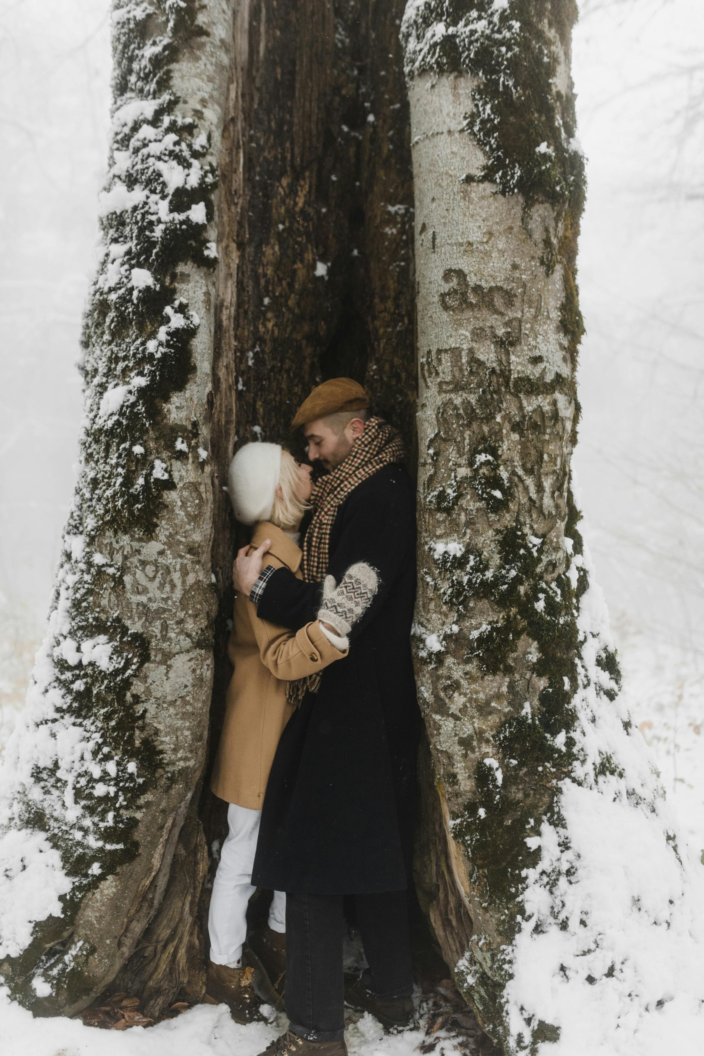 Man and Woman Standing Inside a Tree Trunk · Free Stock Photo