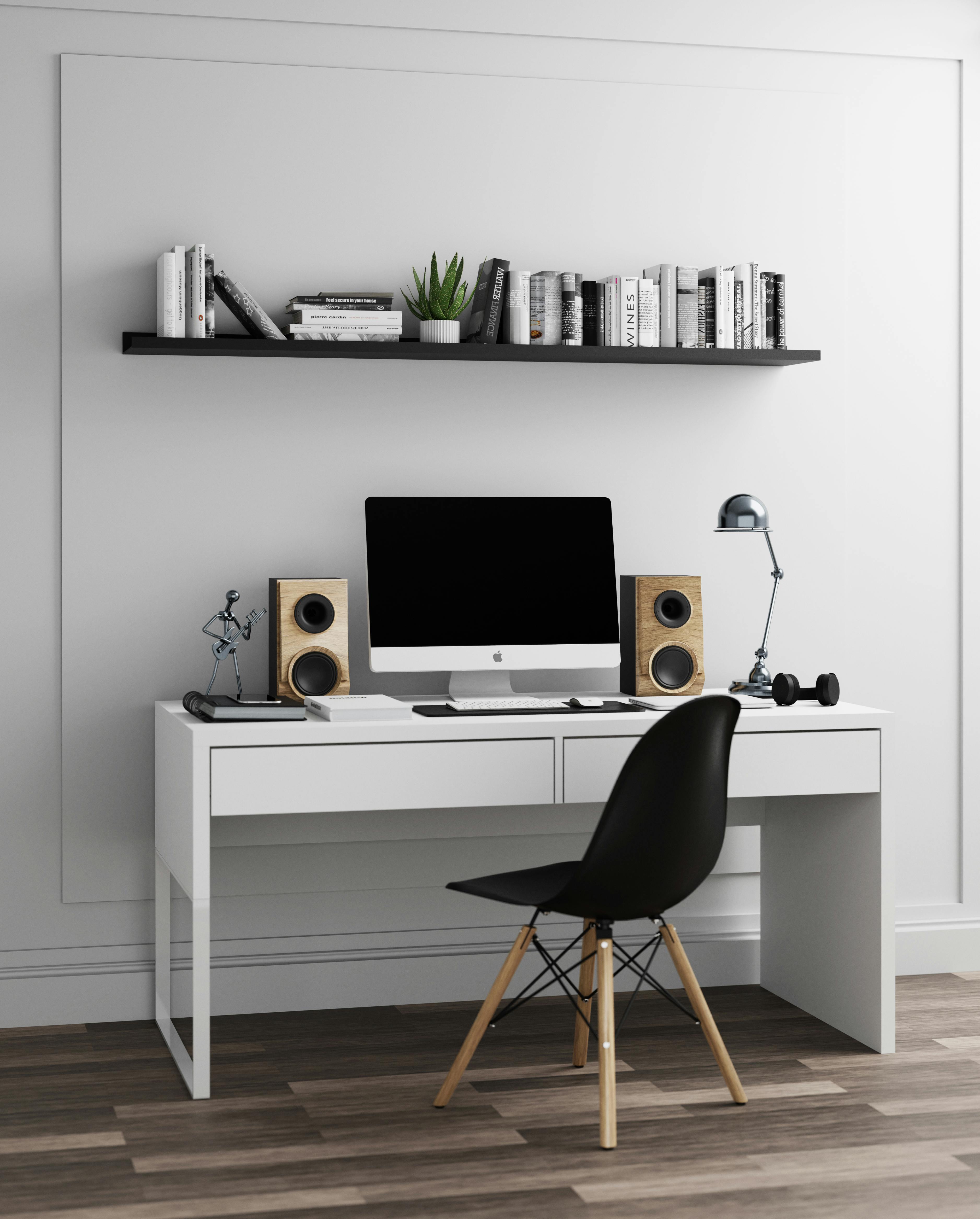 White Wooden Table with Computer Under the Bookshelf · Free Stock Photo
