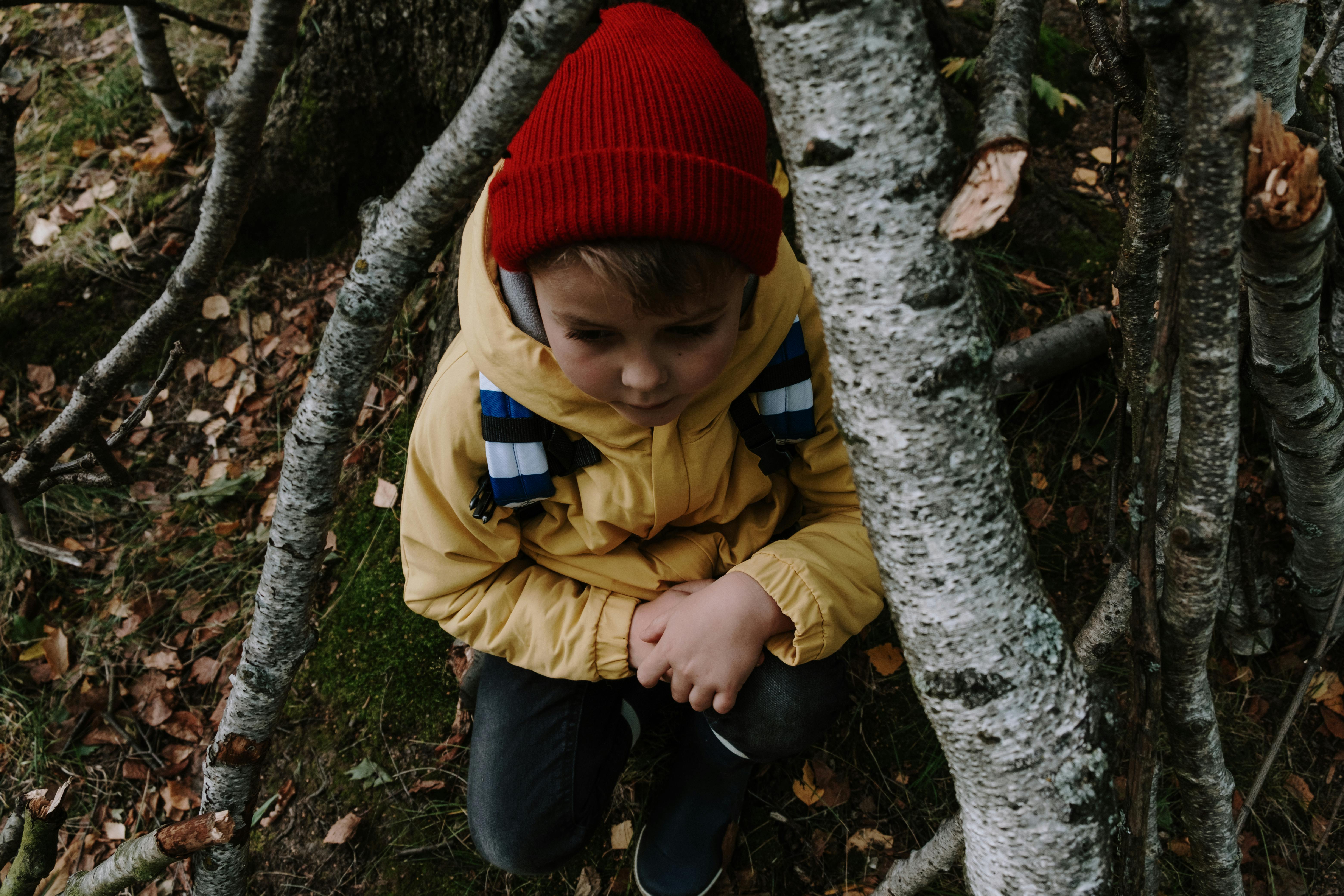 A Boy in Yellow Jacket Near Tree Trunks · Free Stock Photo