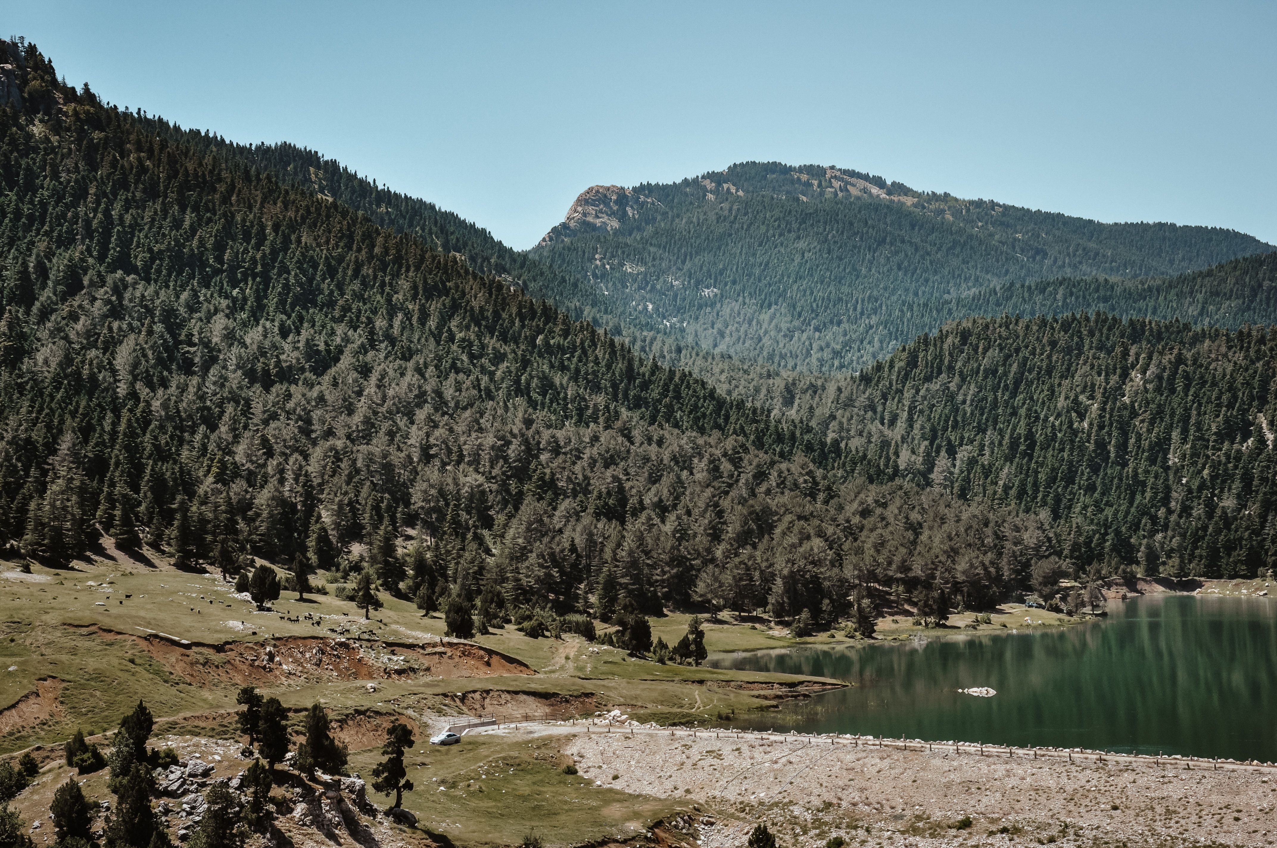 Clear sky over river and slopes in valley · Free Stock Photo