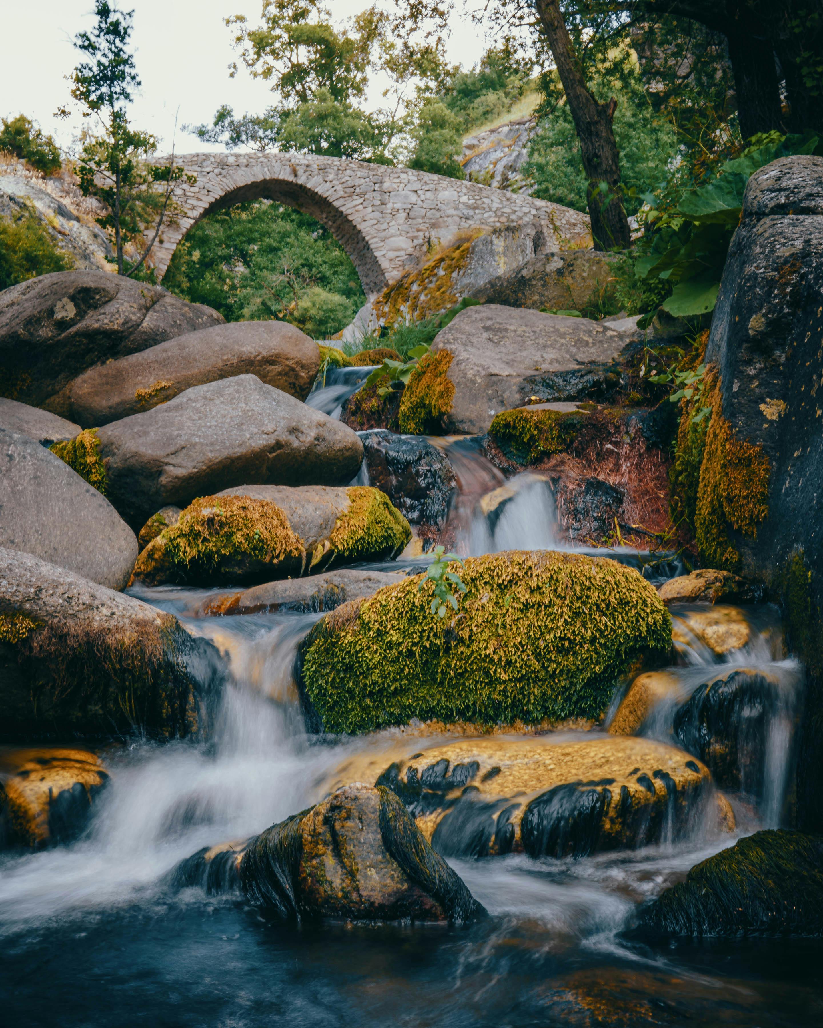Narrow river flowing through stones · Free Stock Photo