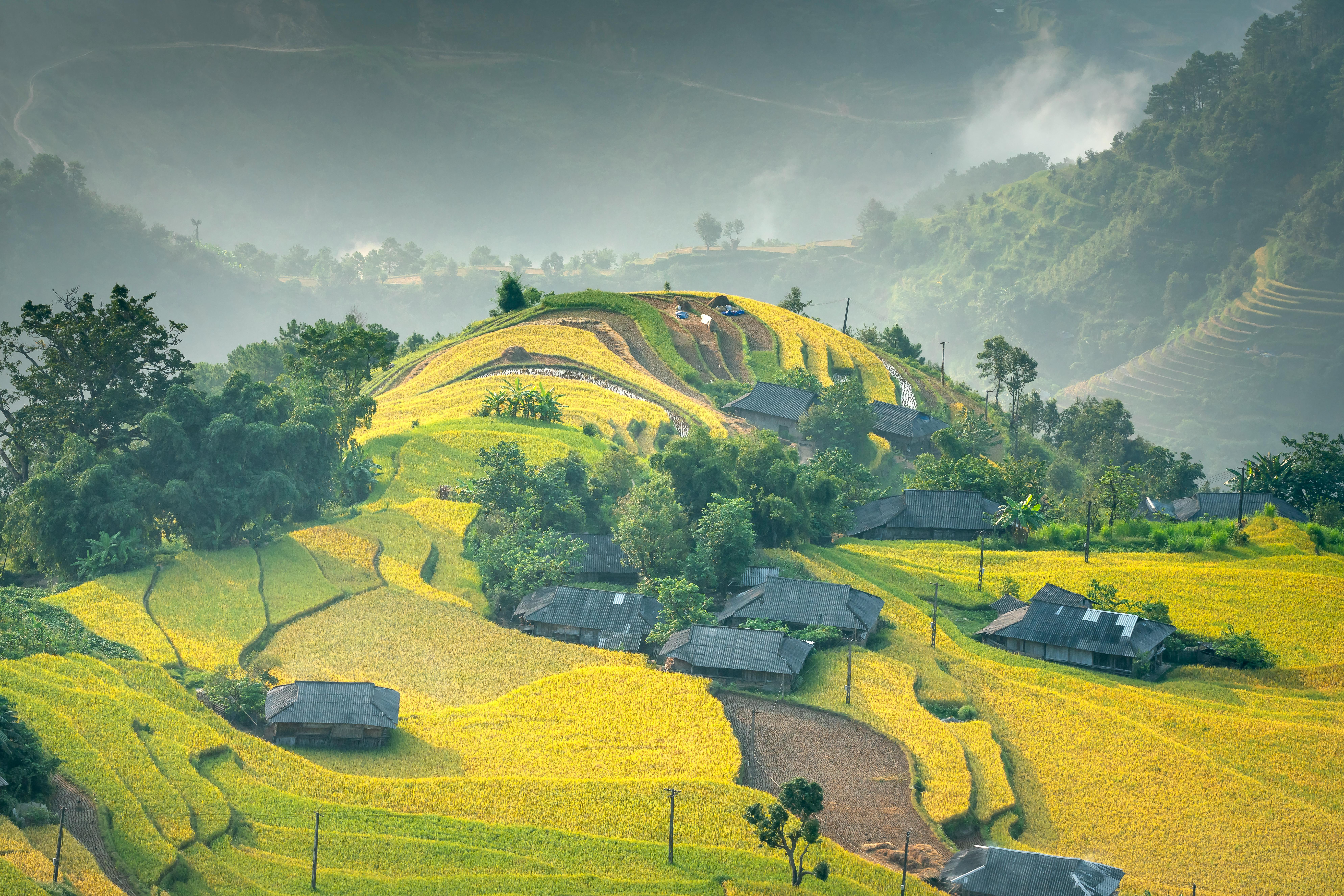 Rural area with fields against green hills · Free Stock Photo