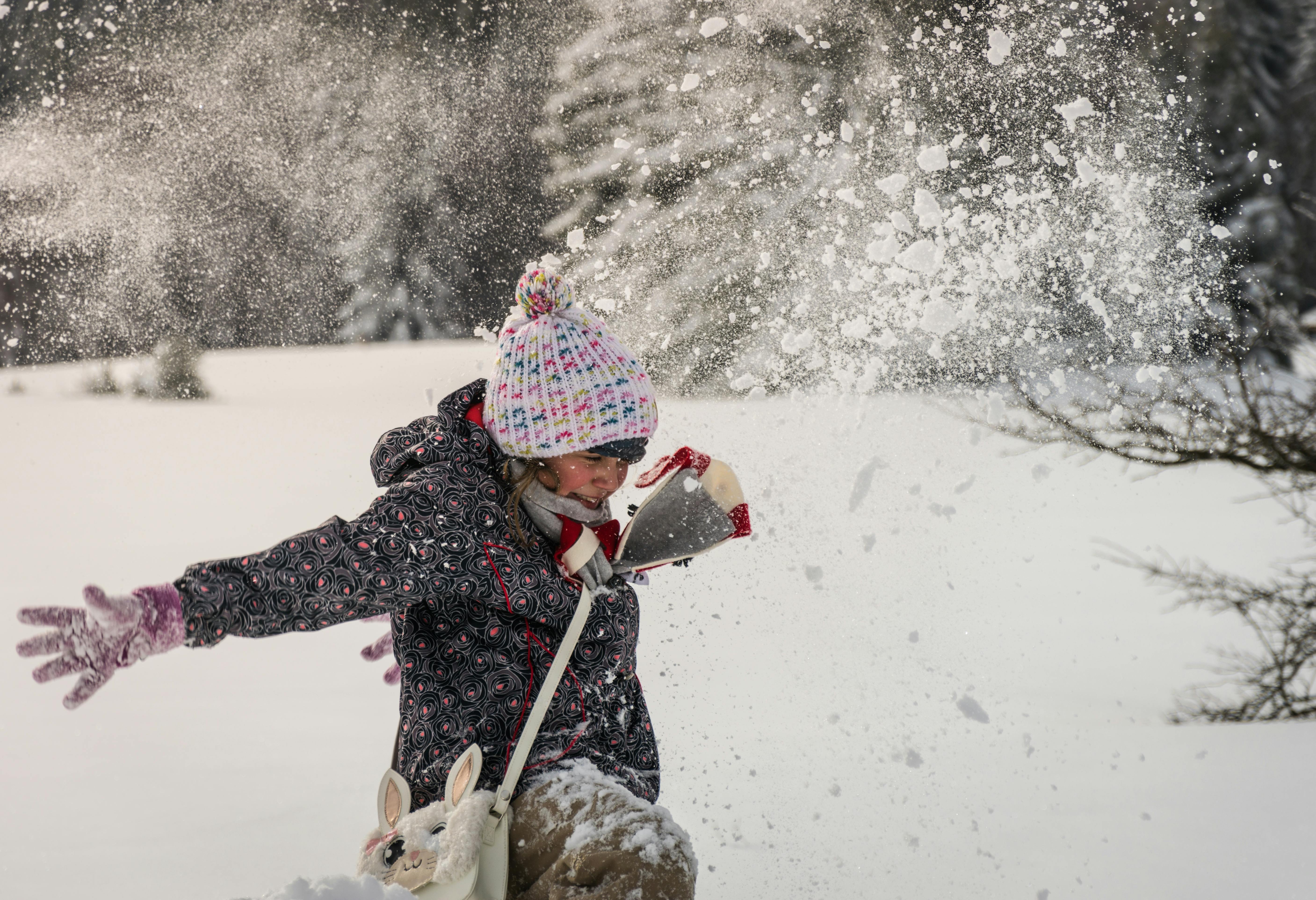 Girl Wearing Winter Clothes Having Fun Playing on Snow Fall · Free ...