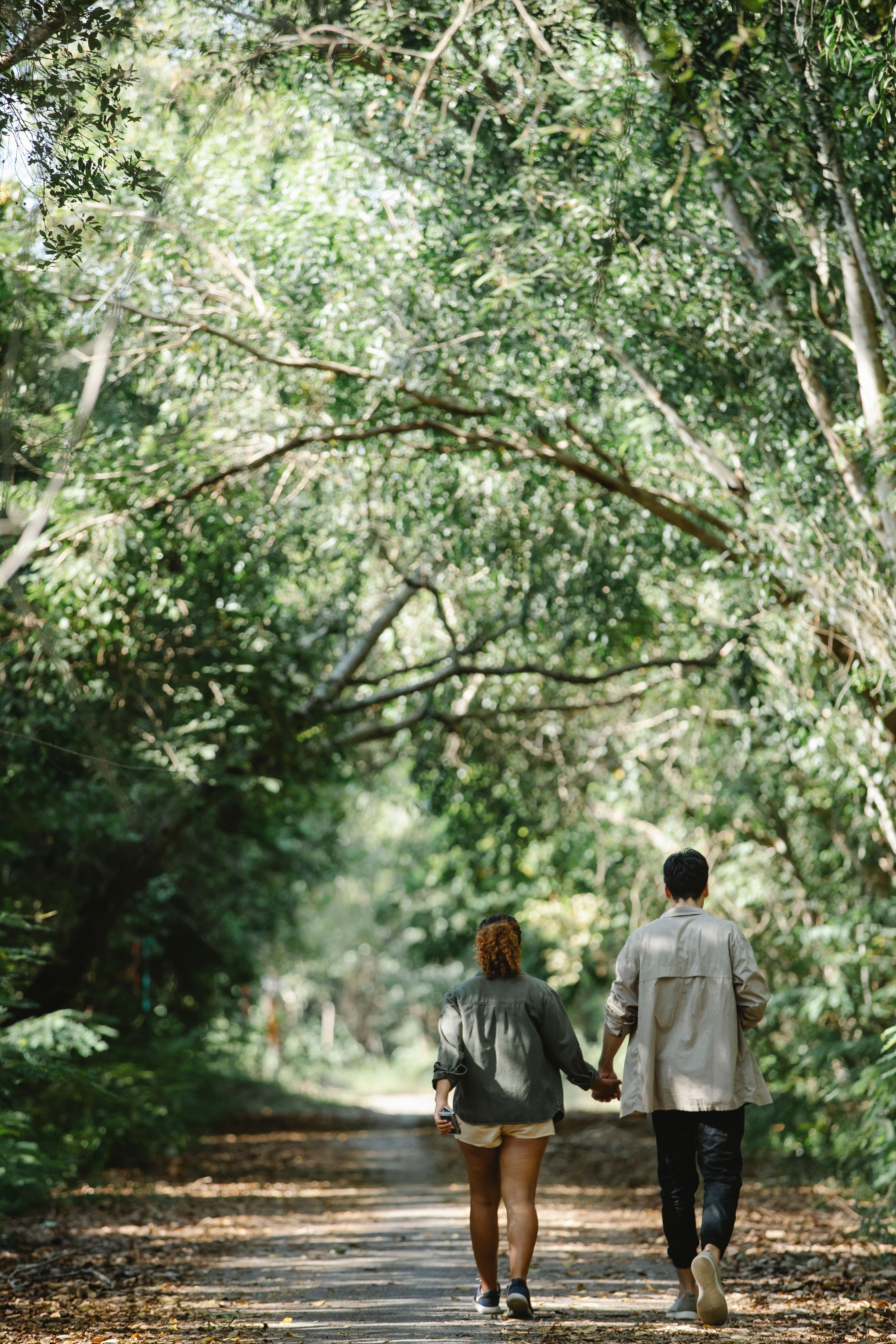 Couple walking along pathway among green trees · Free Stock Photo