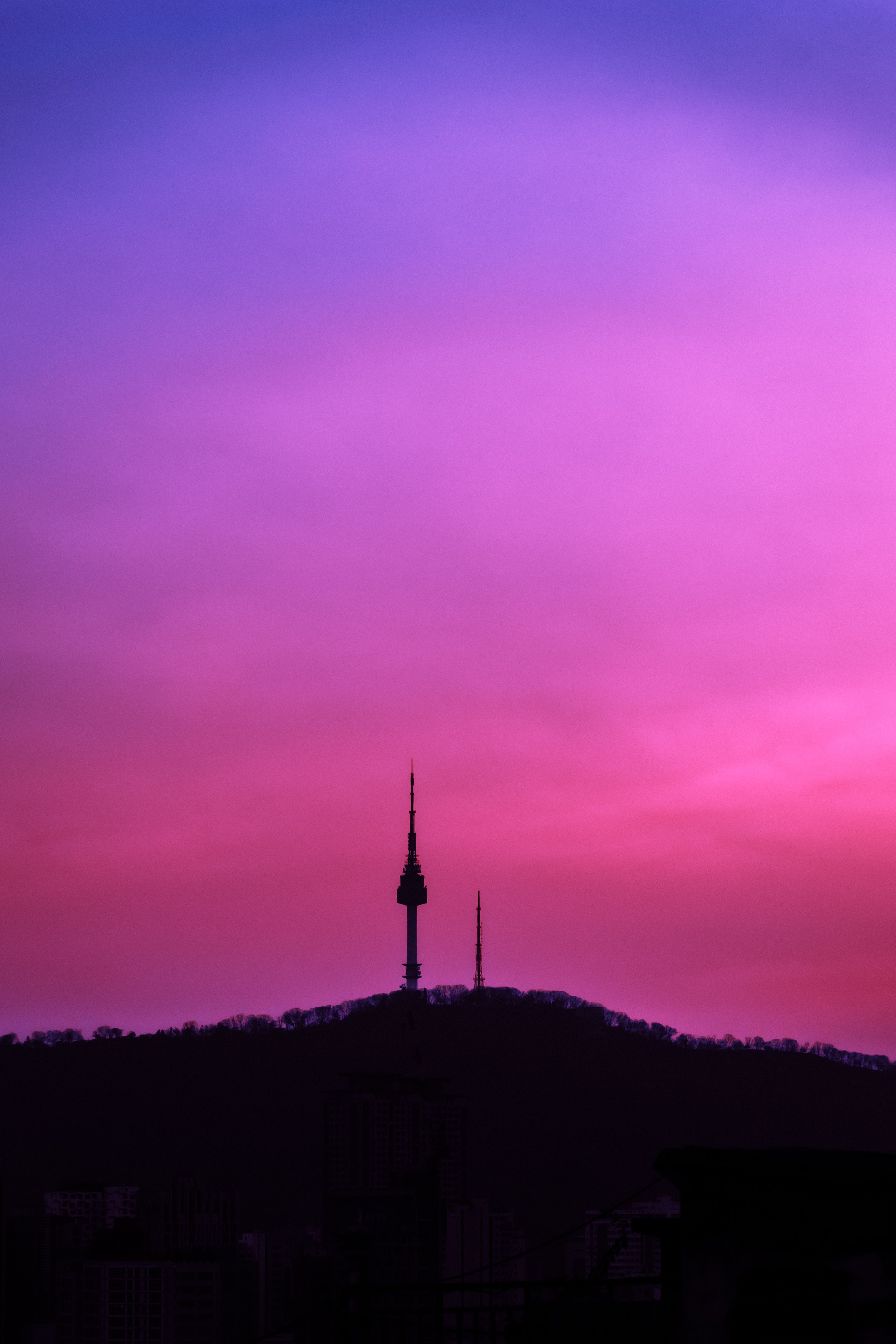 Silhouette of N Seoul Tower Under Purple Sky · Free Stock Photo