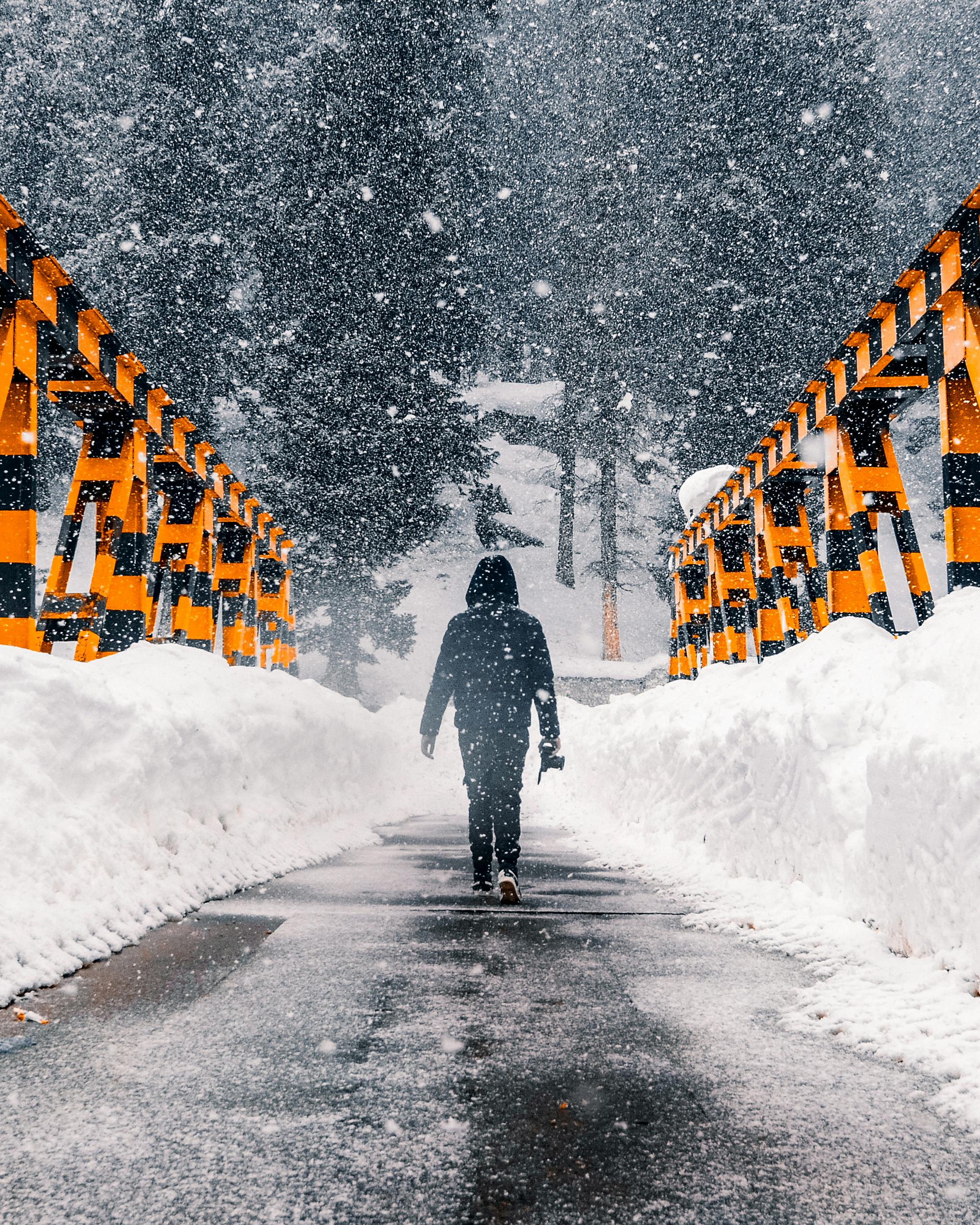 Person in Black Coat Walking on Snow Covered Pathway · Free Stock Photo