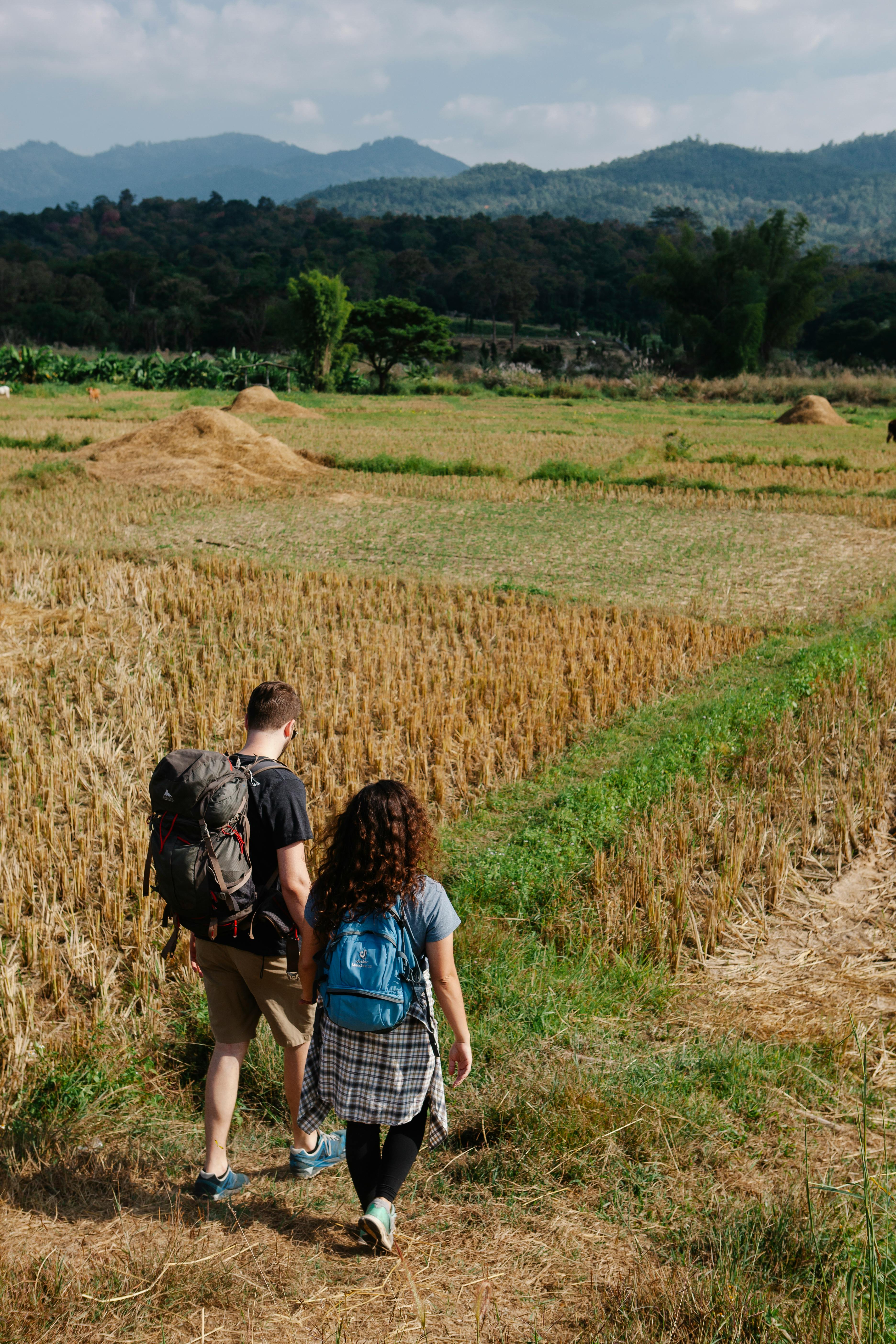 Faceless couple of travelers strolling on grassy pathway near field · Free Stock Photo