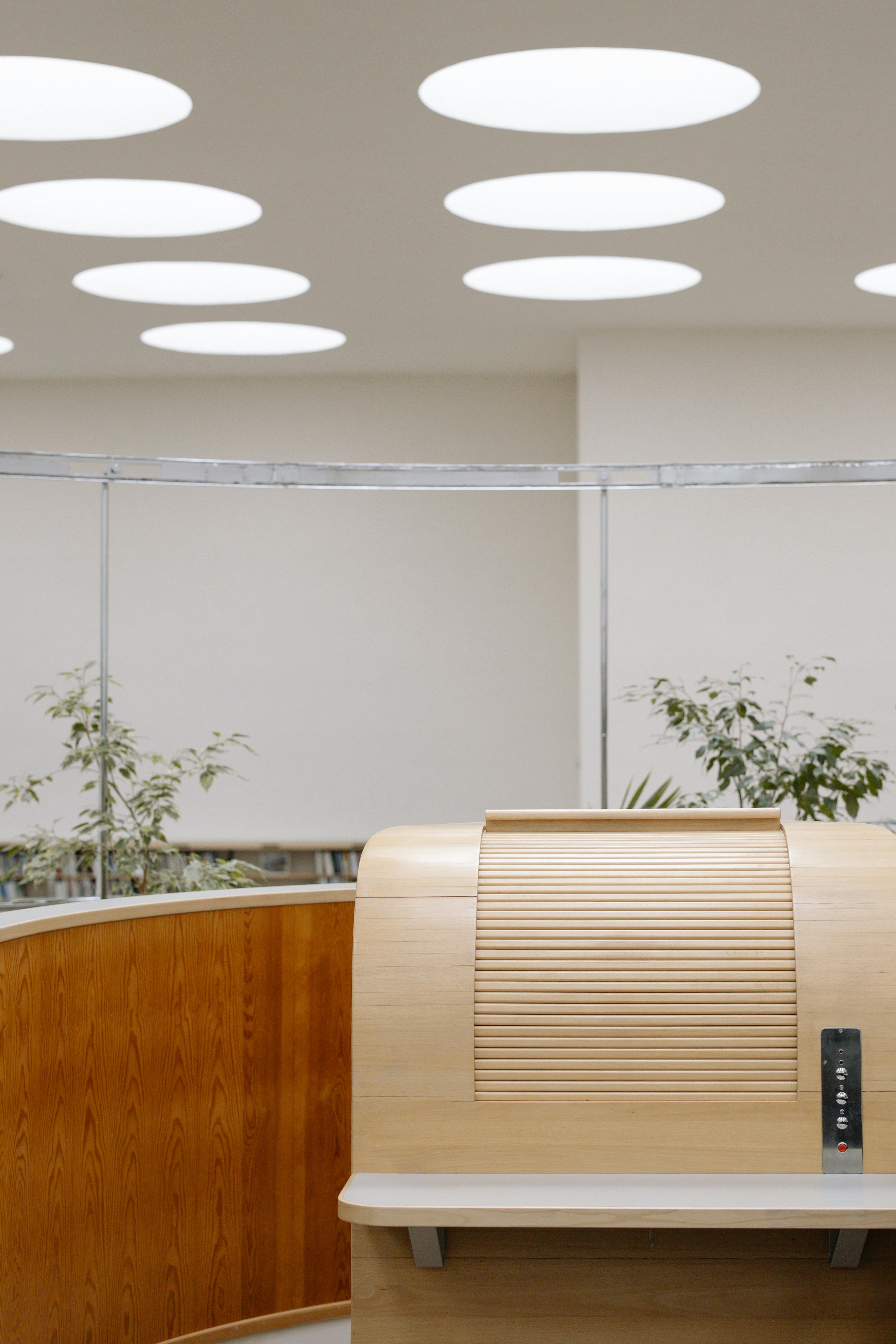 Interior Design of Room with Ceiling Lights and Brown Wooden Partition ...