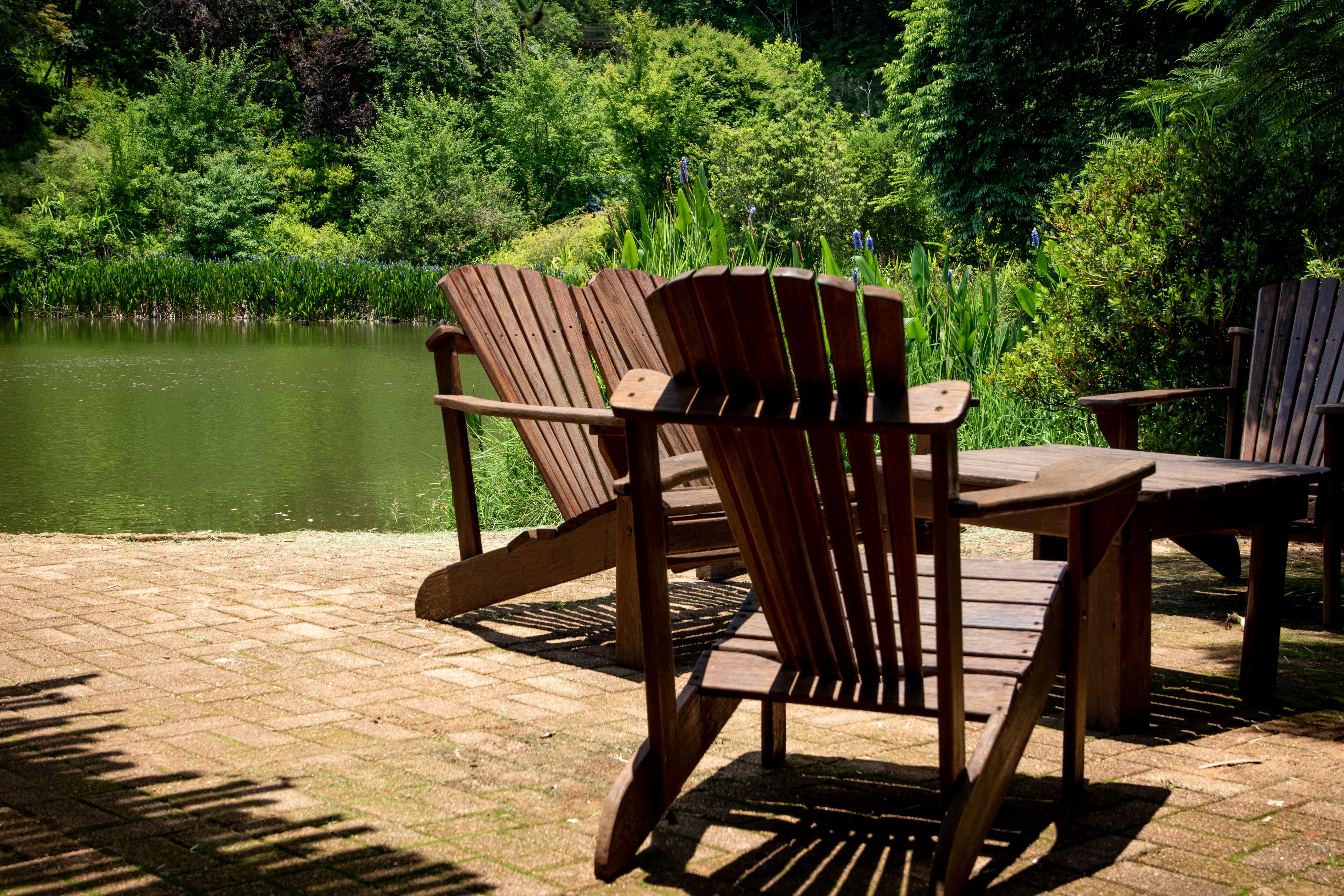 Wooden Table and Chairs Beside a Lake · Free Stock Photo