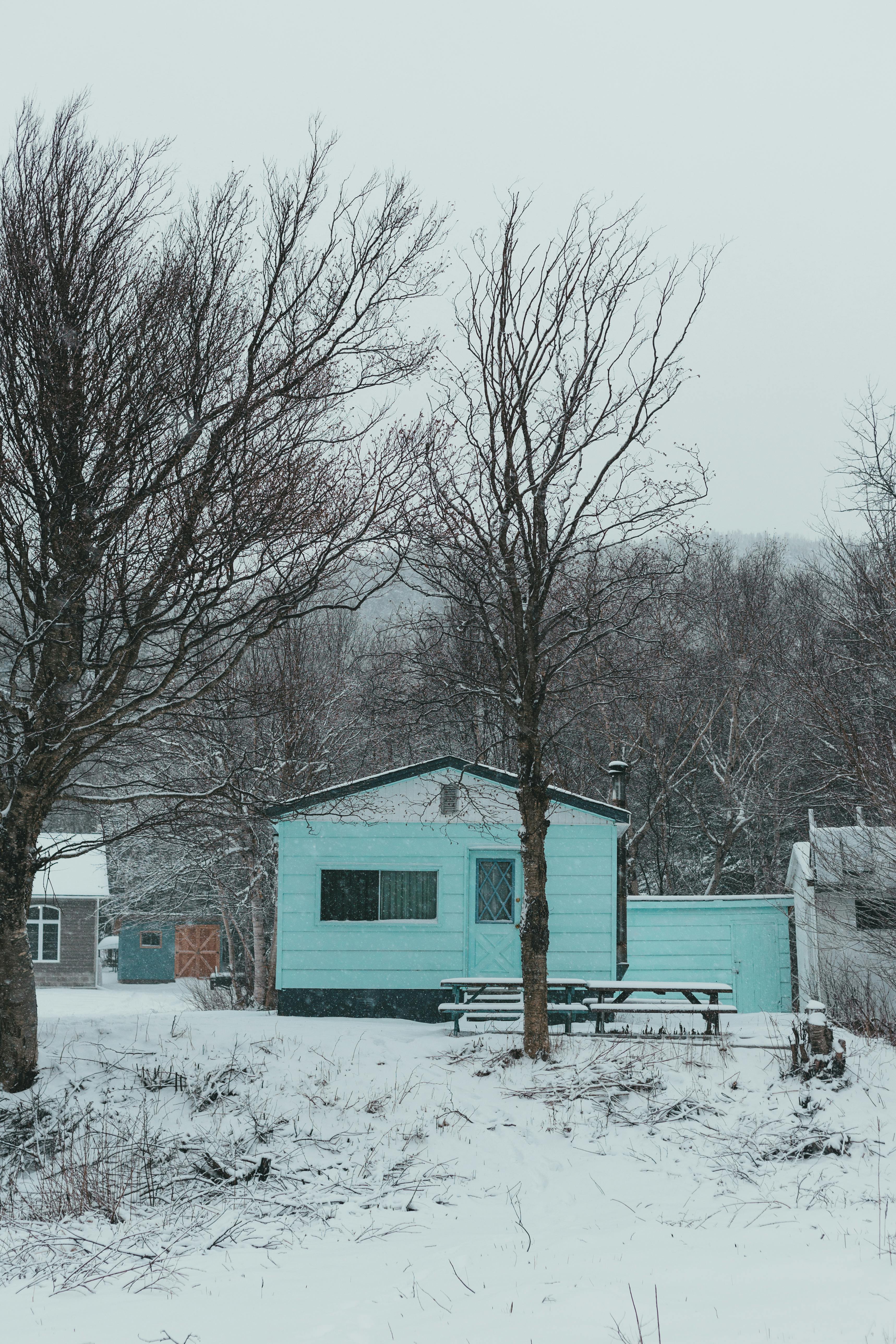 Wooden blue house placed in countryside in winter time · Free Stock Photo