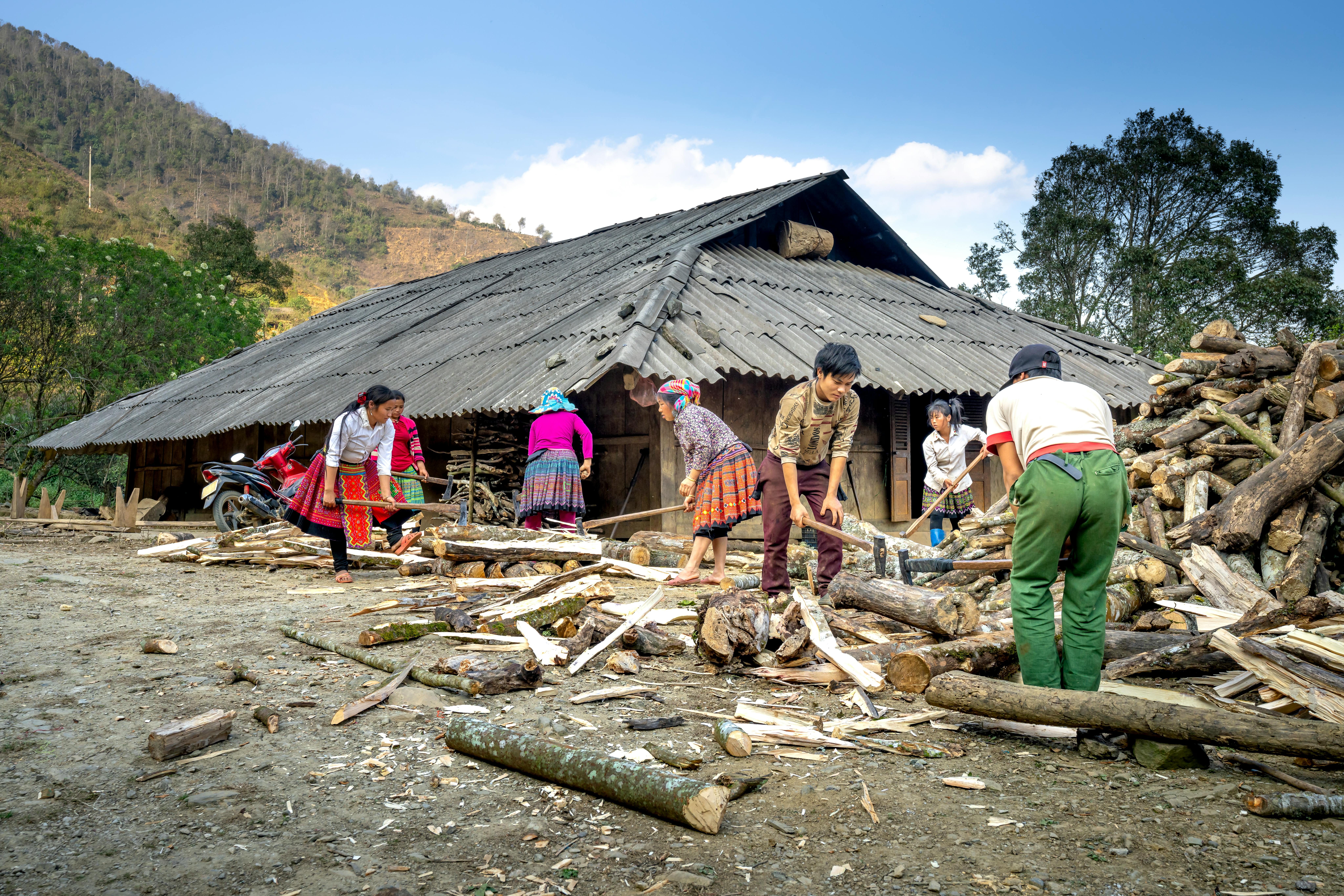 Asian people chopping wood in countryside · Free Stock Photo