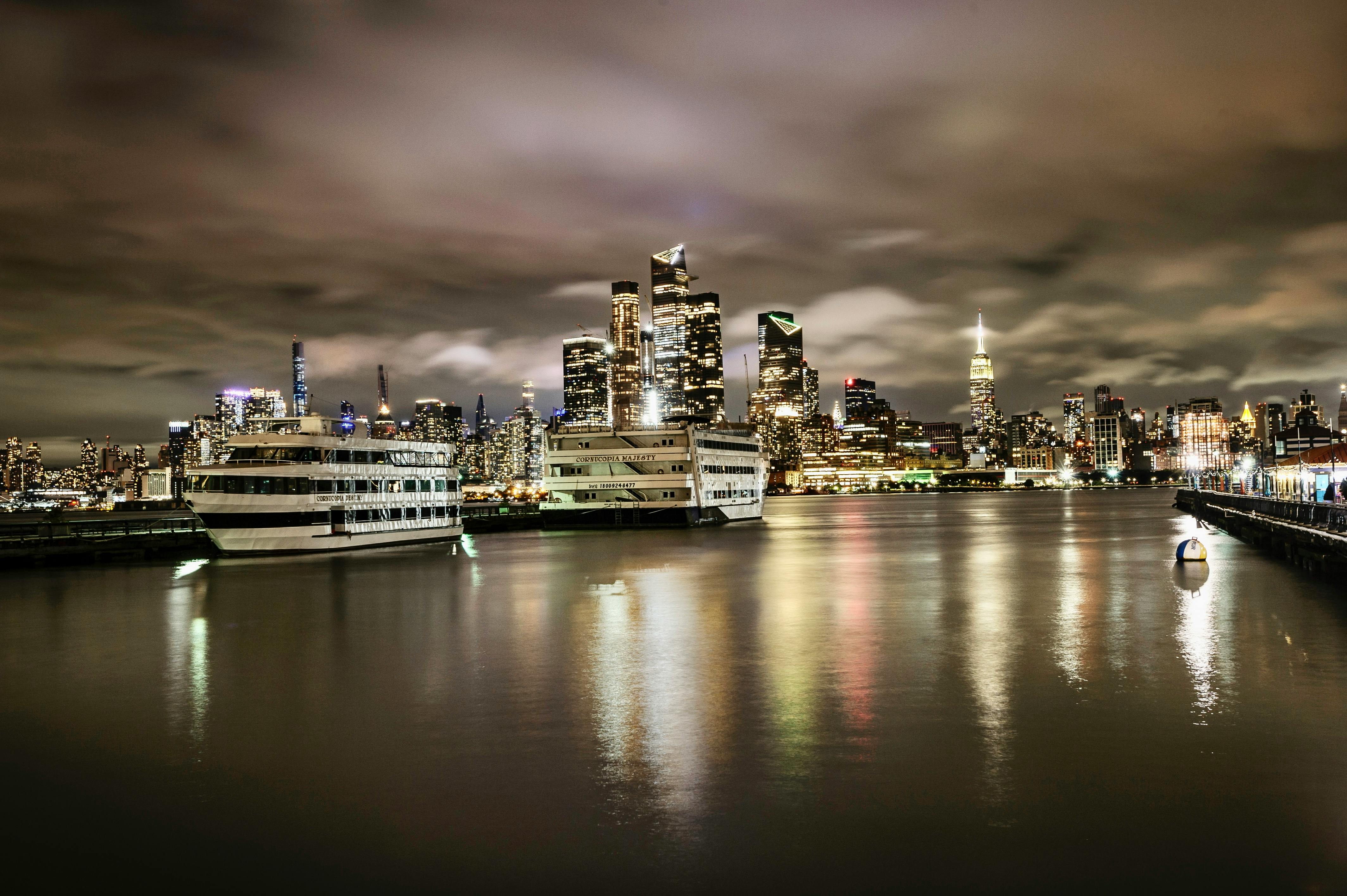 Boats in Port of New York City, USA at Night · Free Stock Photo