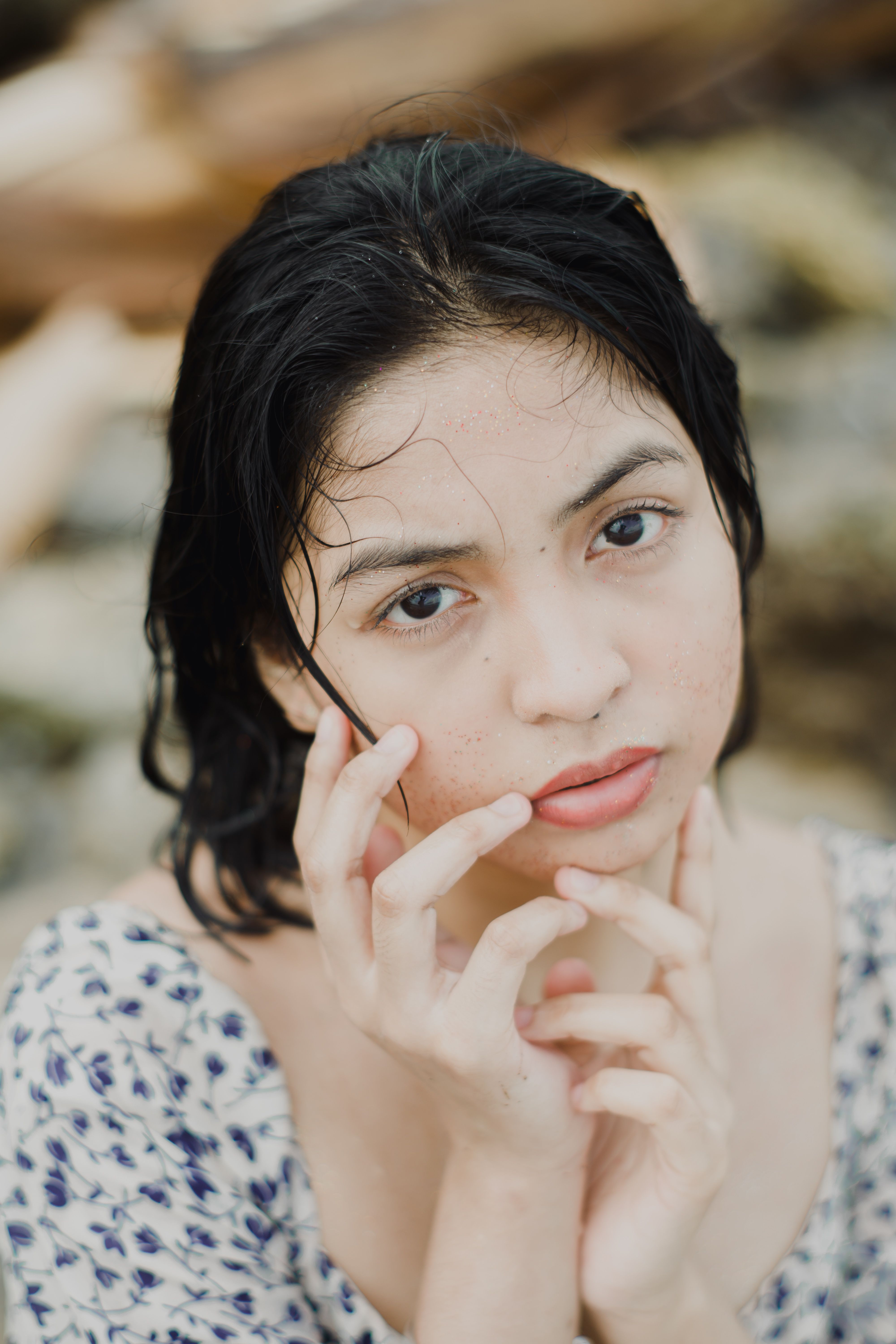 Shy model in casual clothes on pastel background · Free Stock Photo