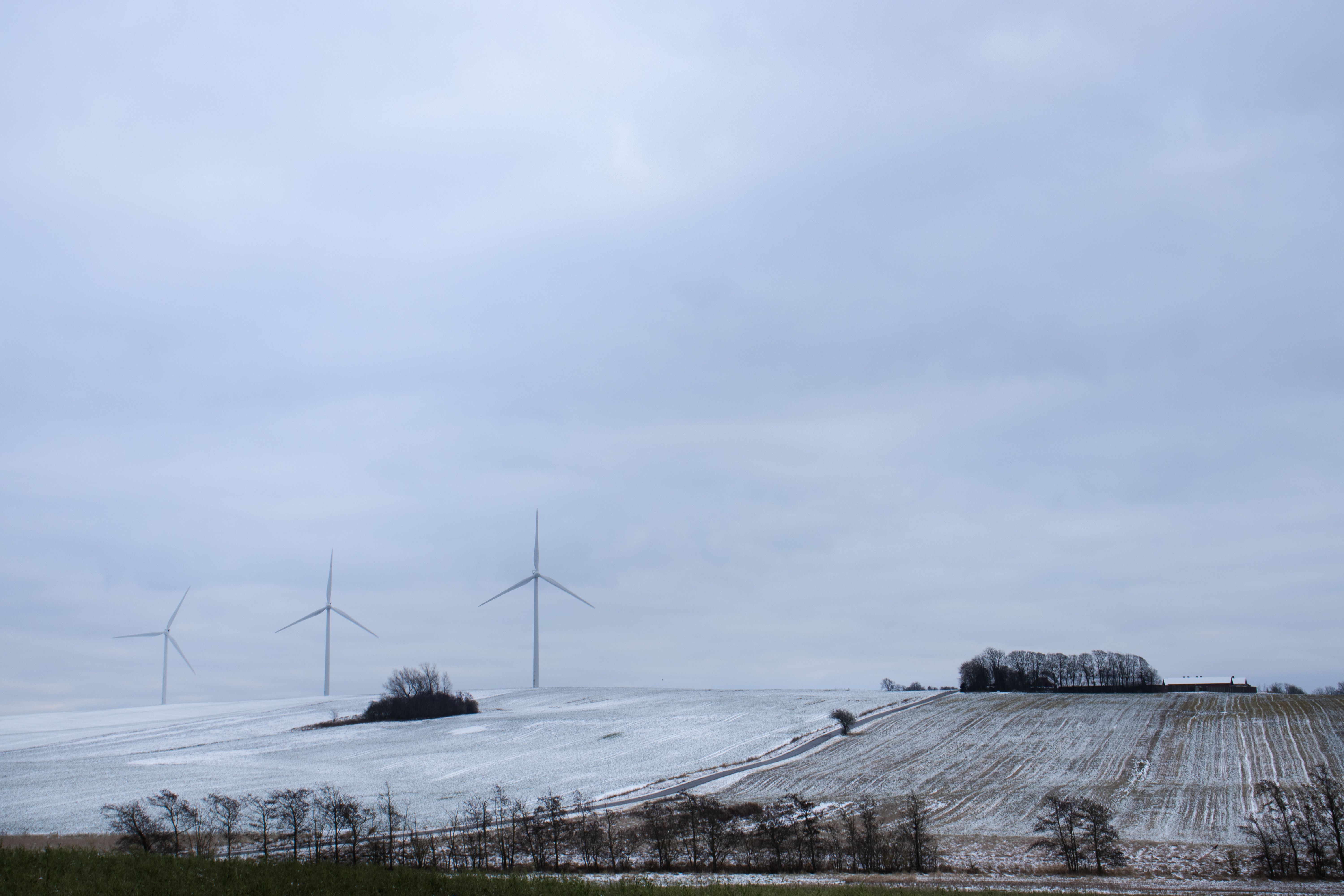 Wind Turbines on a Snow-Covered Green Grass Field · Free Stock Photo