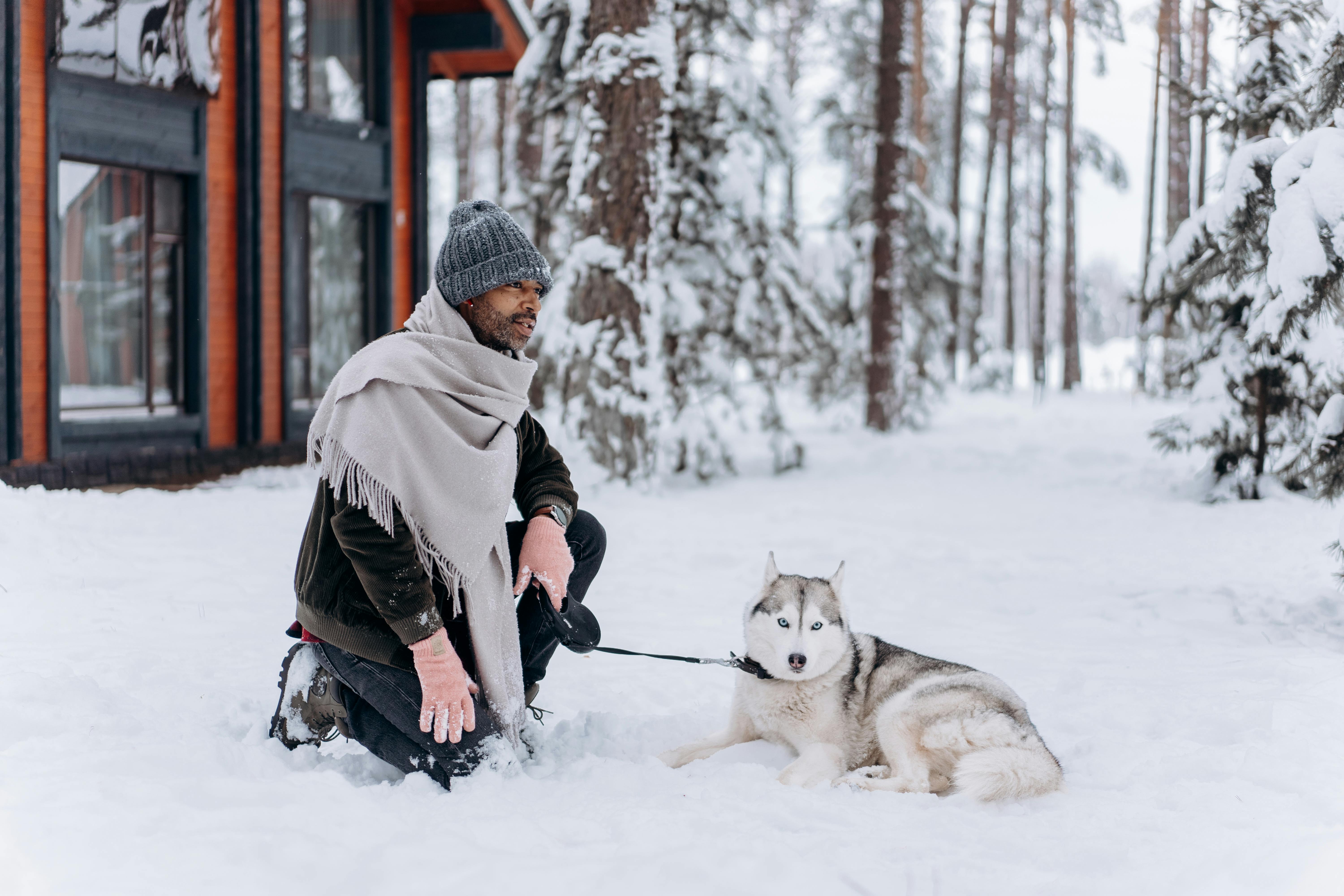 A Man and his Dog Posing in the Snow · Free Stock Photo