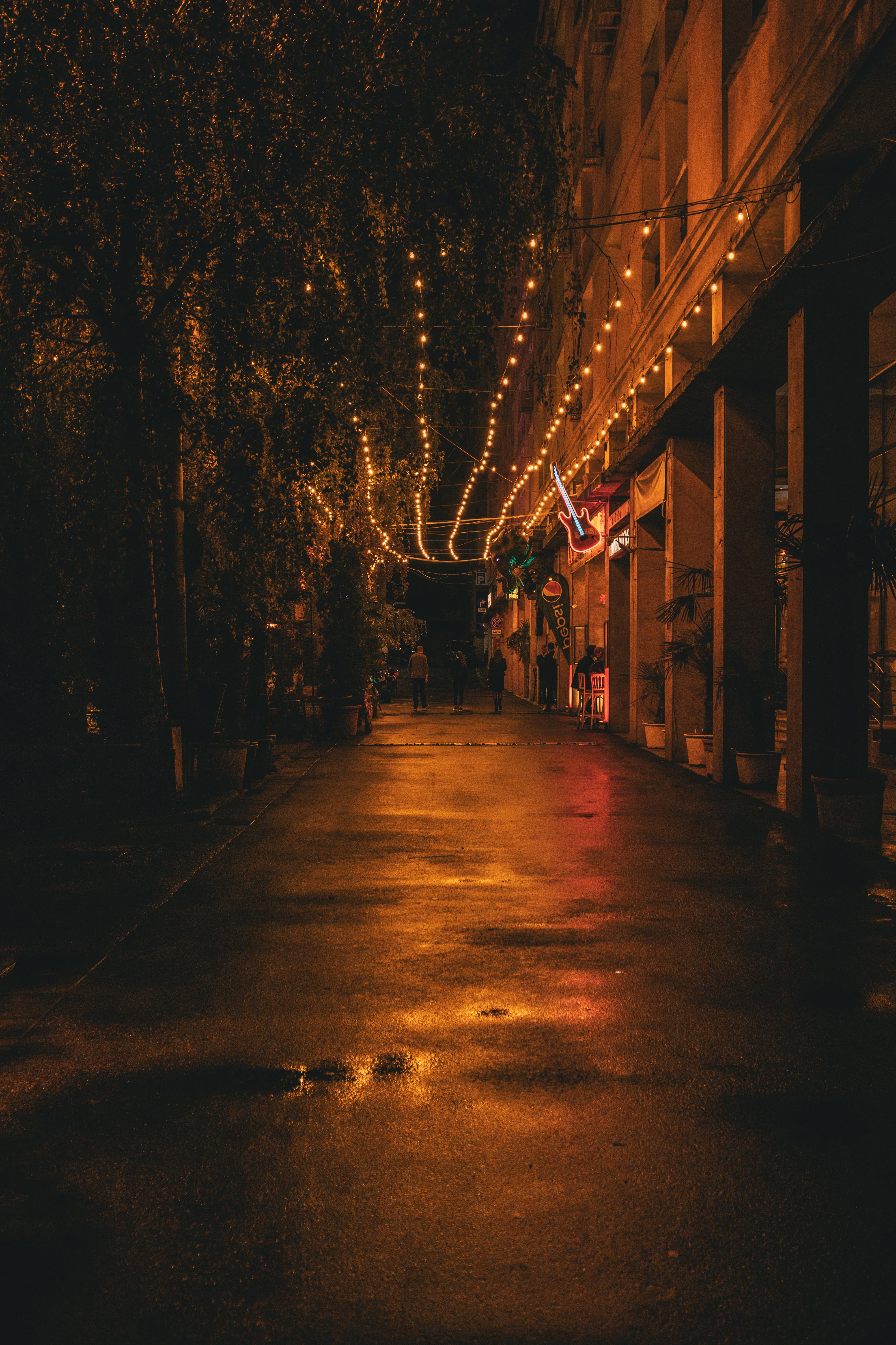 Alley Beside a Building with String Lights · Free Stock Photo
