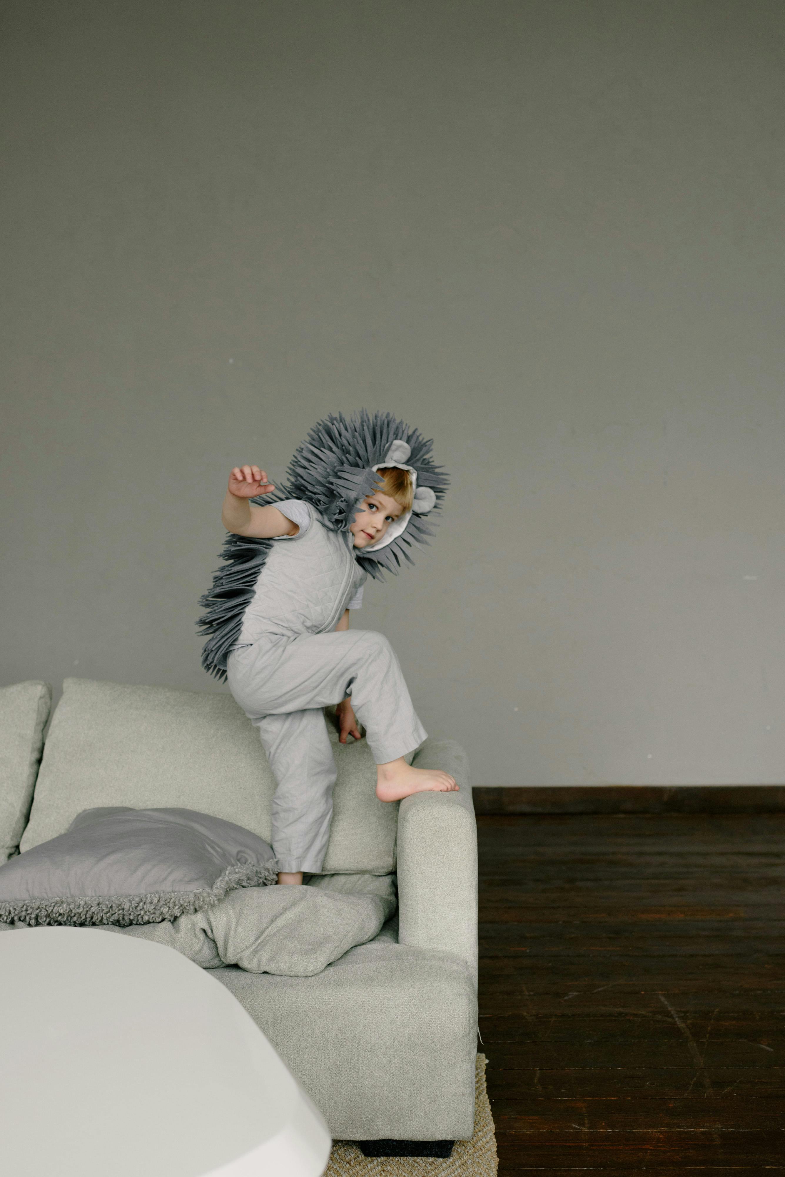 A Boy in Gray Clothes Wearing a Hedgehog Costume · Free Stock Photo