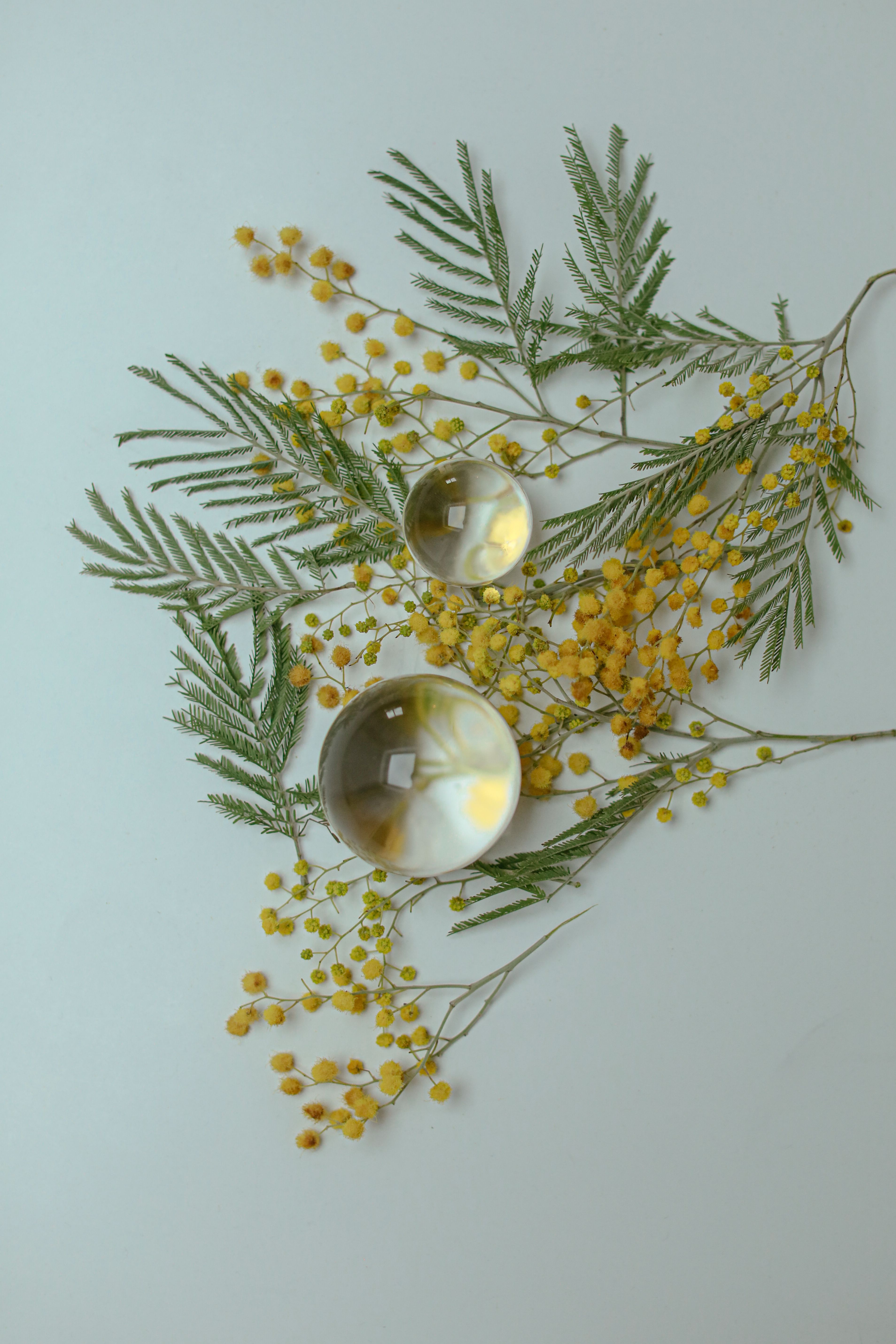 Crystal Balls Beside Yellow Small Flowers · Free Stock Photo