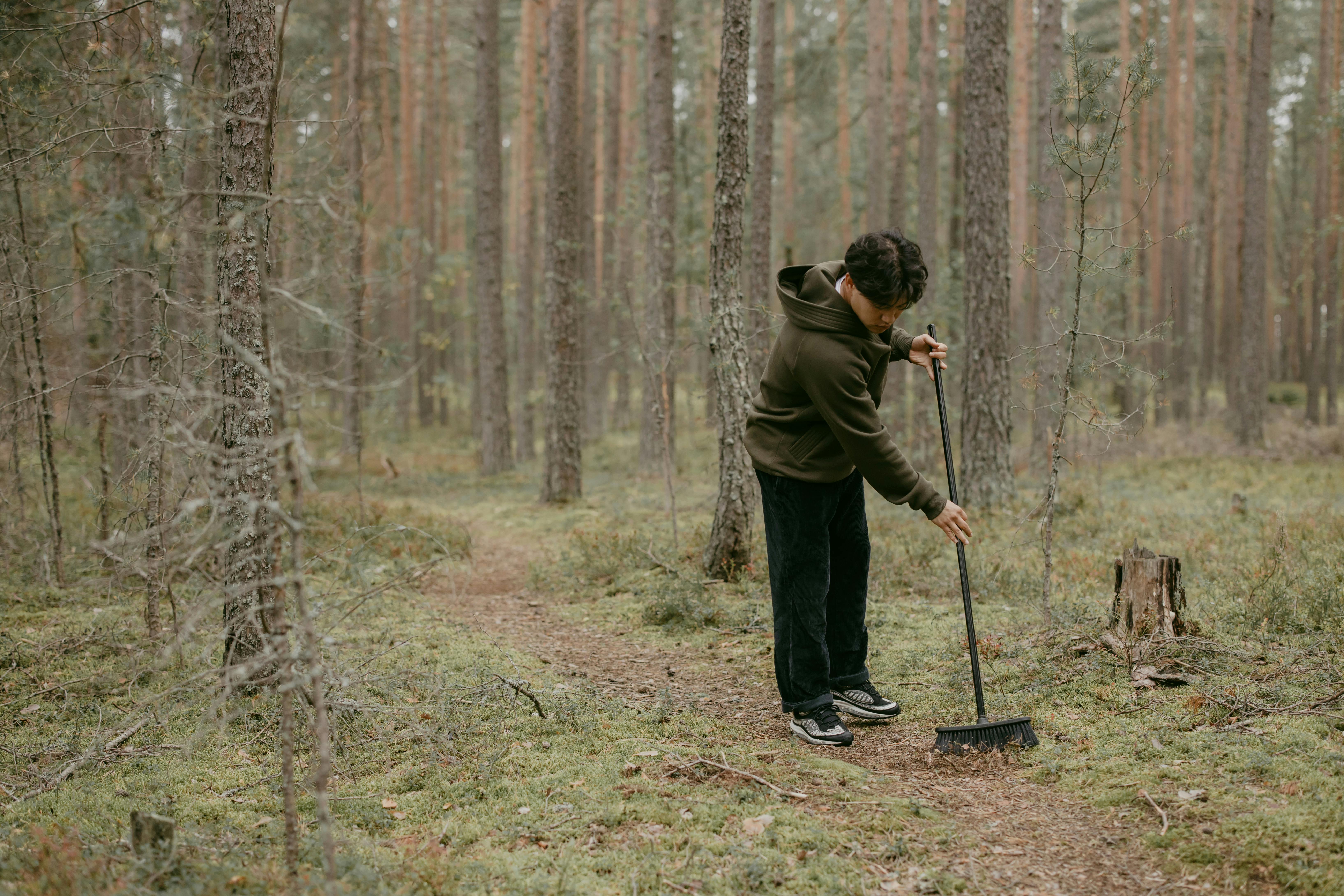 Man Sweeping the Pathway Between Trees · Free Stock Photo