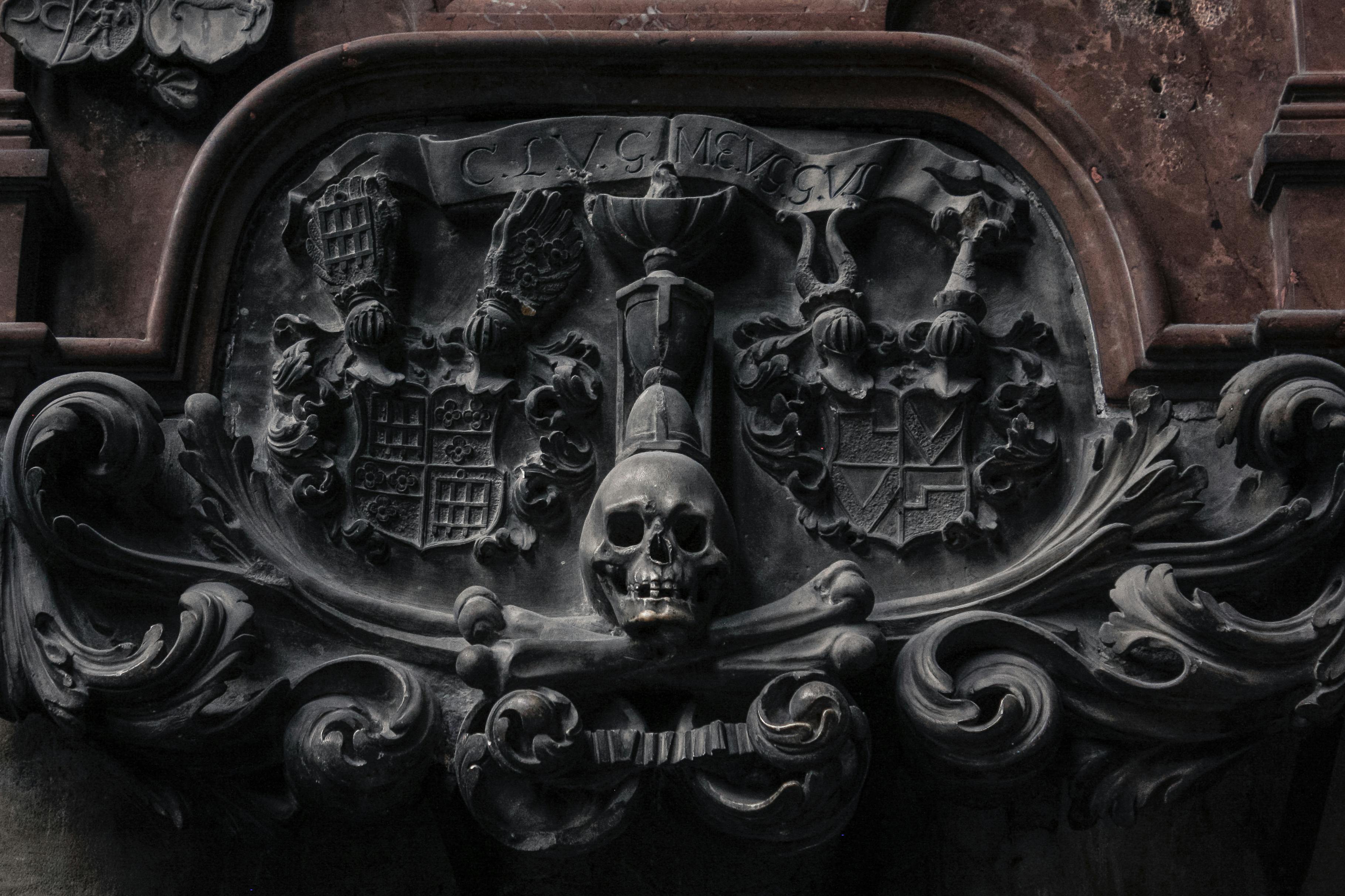 A Skull and Emblem Carved on a Stone Wall · Free Stock Photo