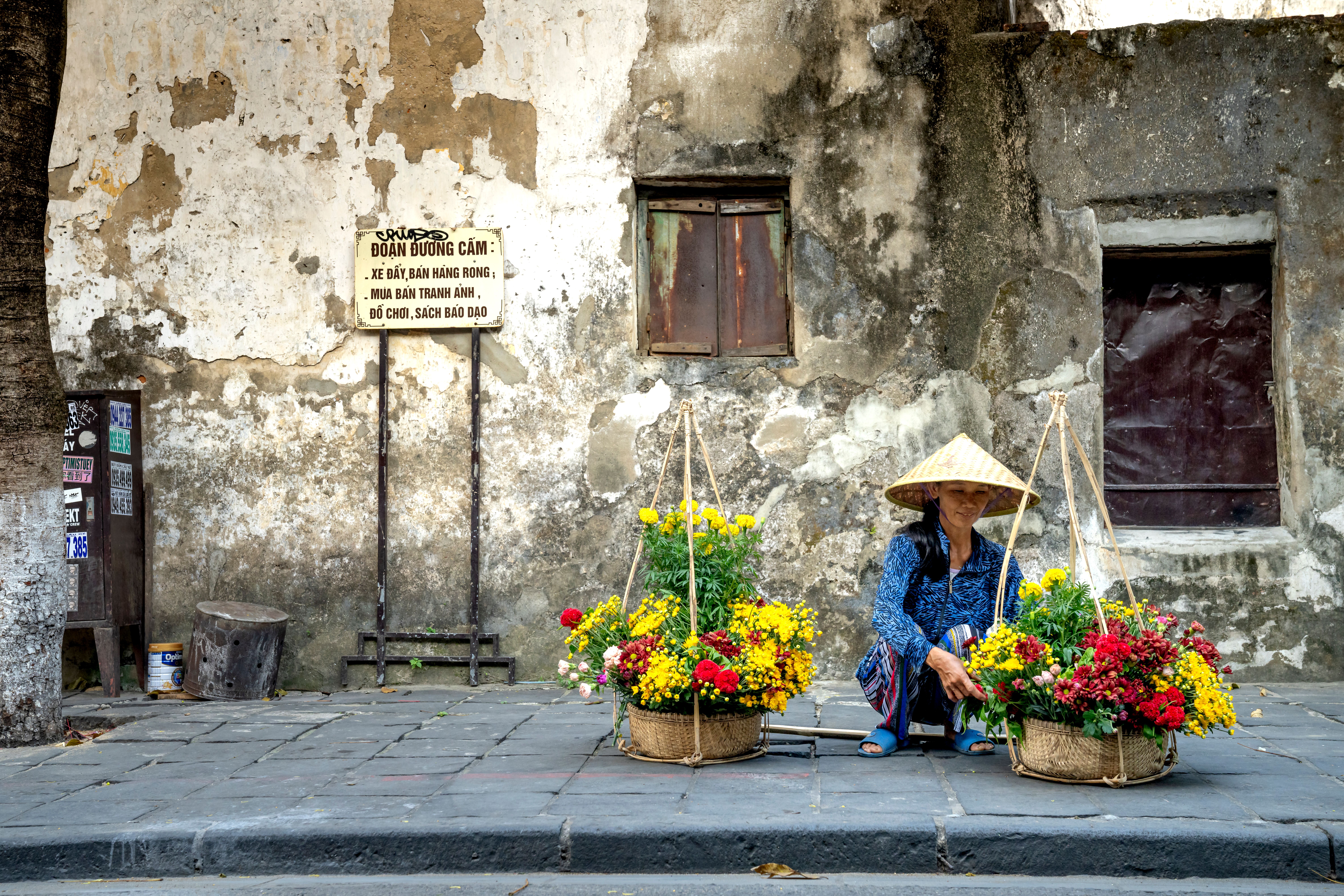 Young Vietnamese woman sitting on haunches while selling fresh flowers ...