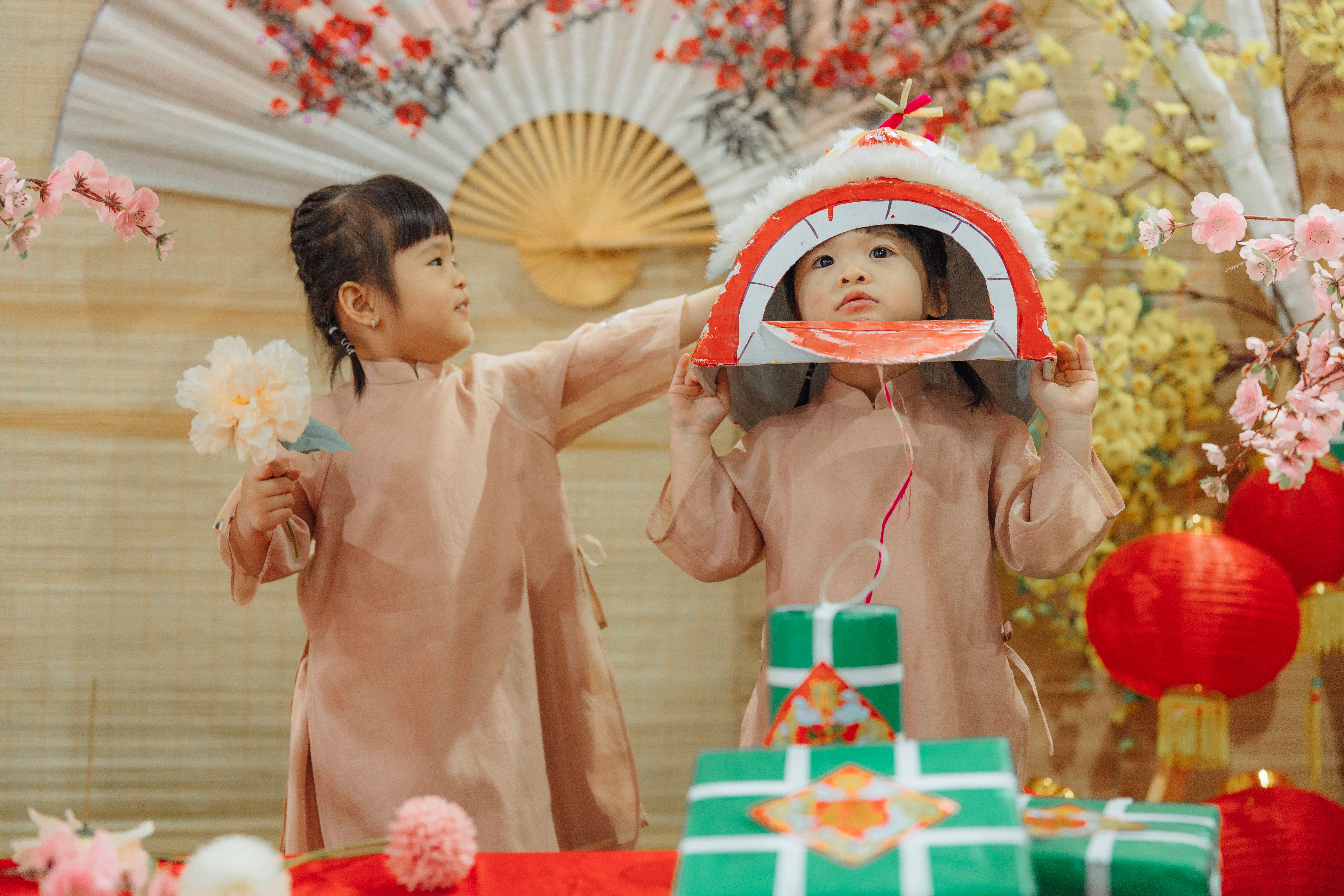 Adorable Twins in Traditional Wear playing Together · Free Stock Photo
