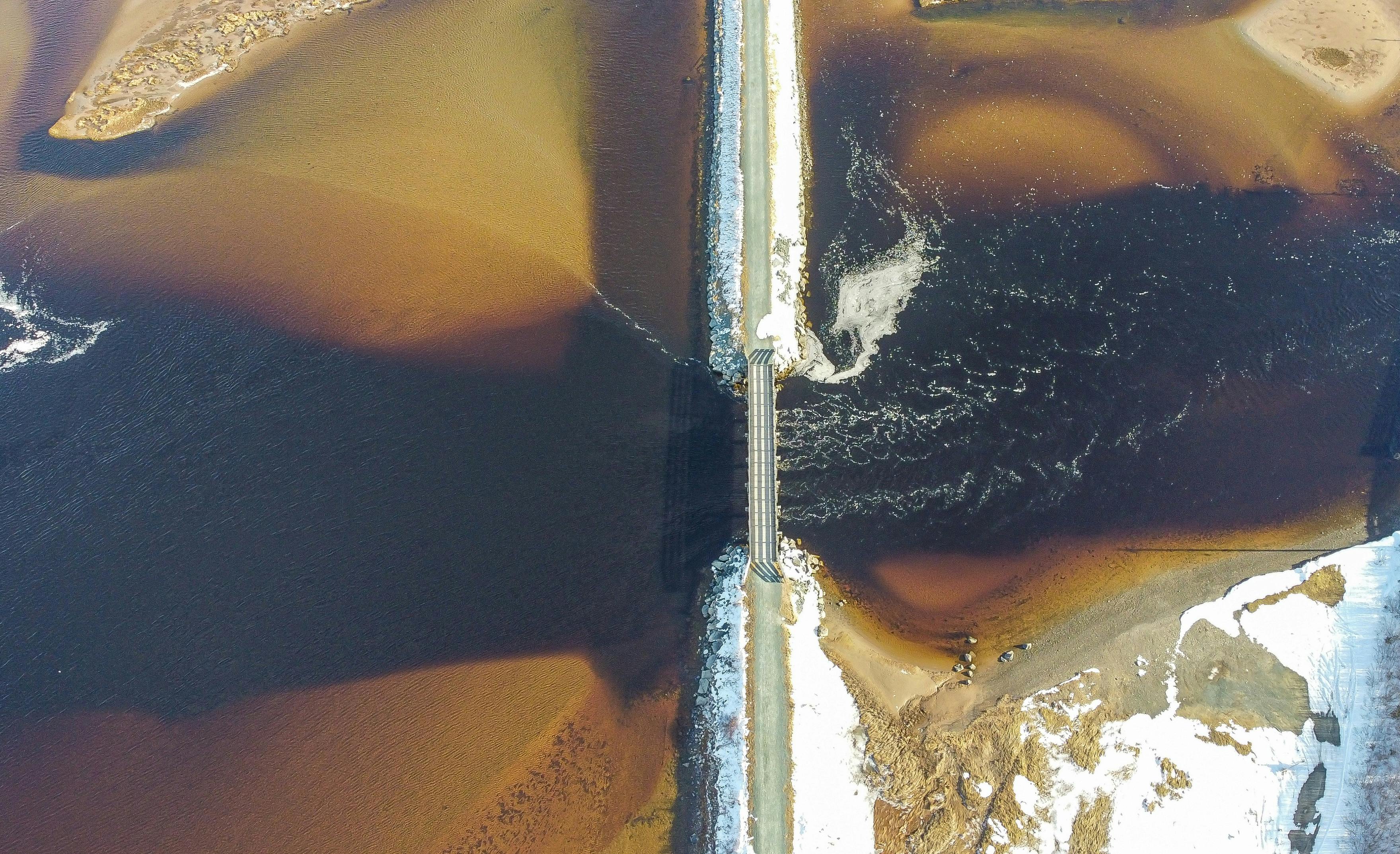 Road Splitting into a Bridge in Birds Eye View · Free Stock Photo