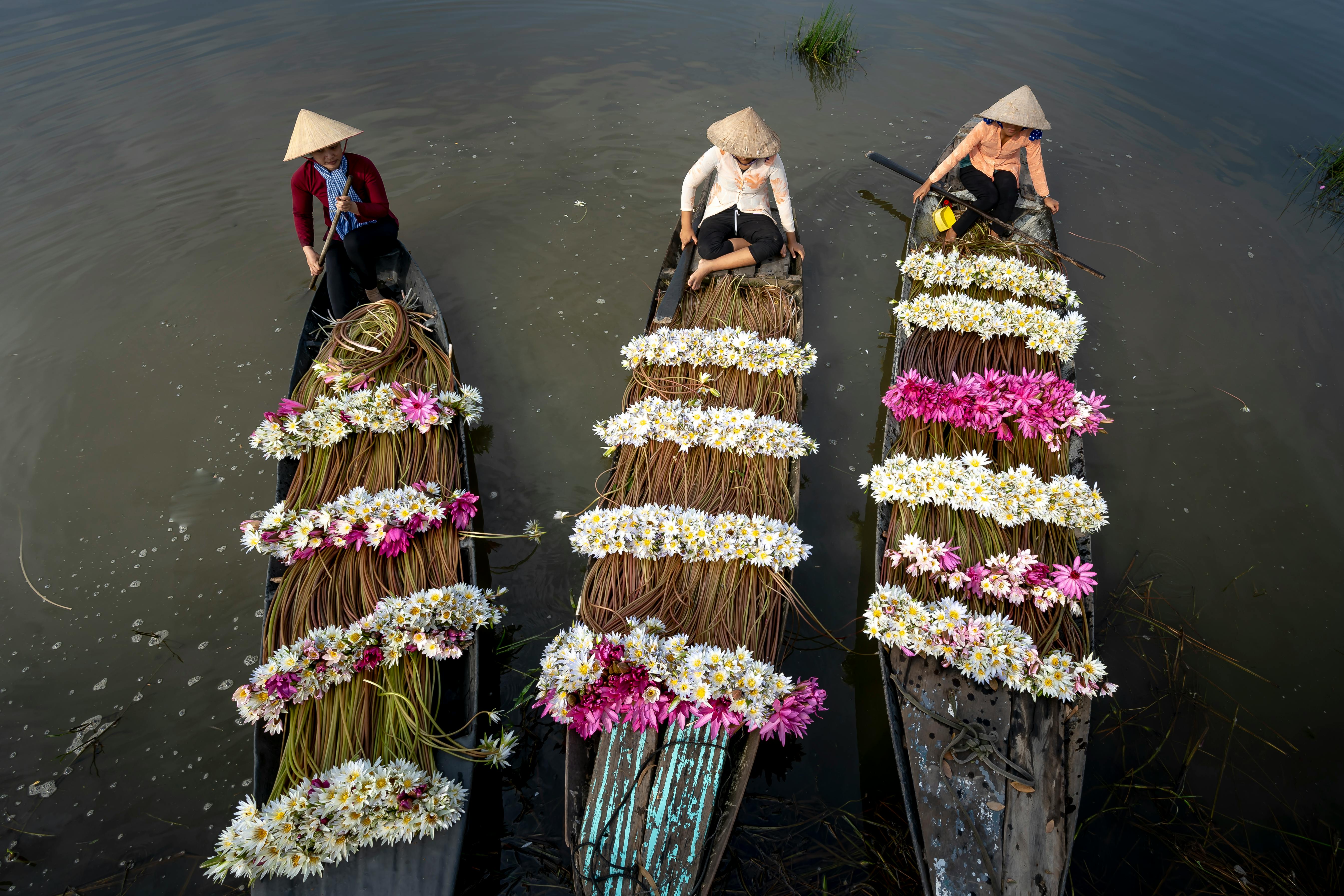 Photo of Women with Asian Conical Hats Sitting on Boats with Flowers ...