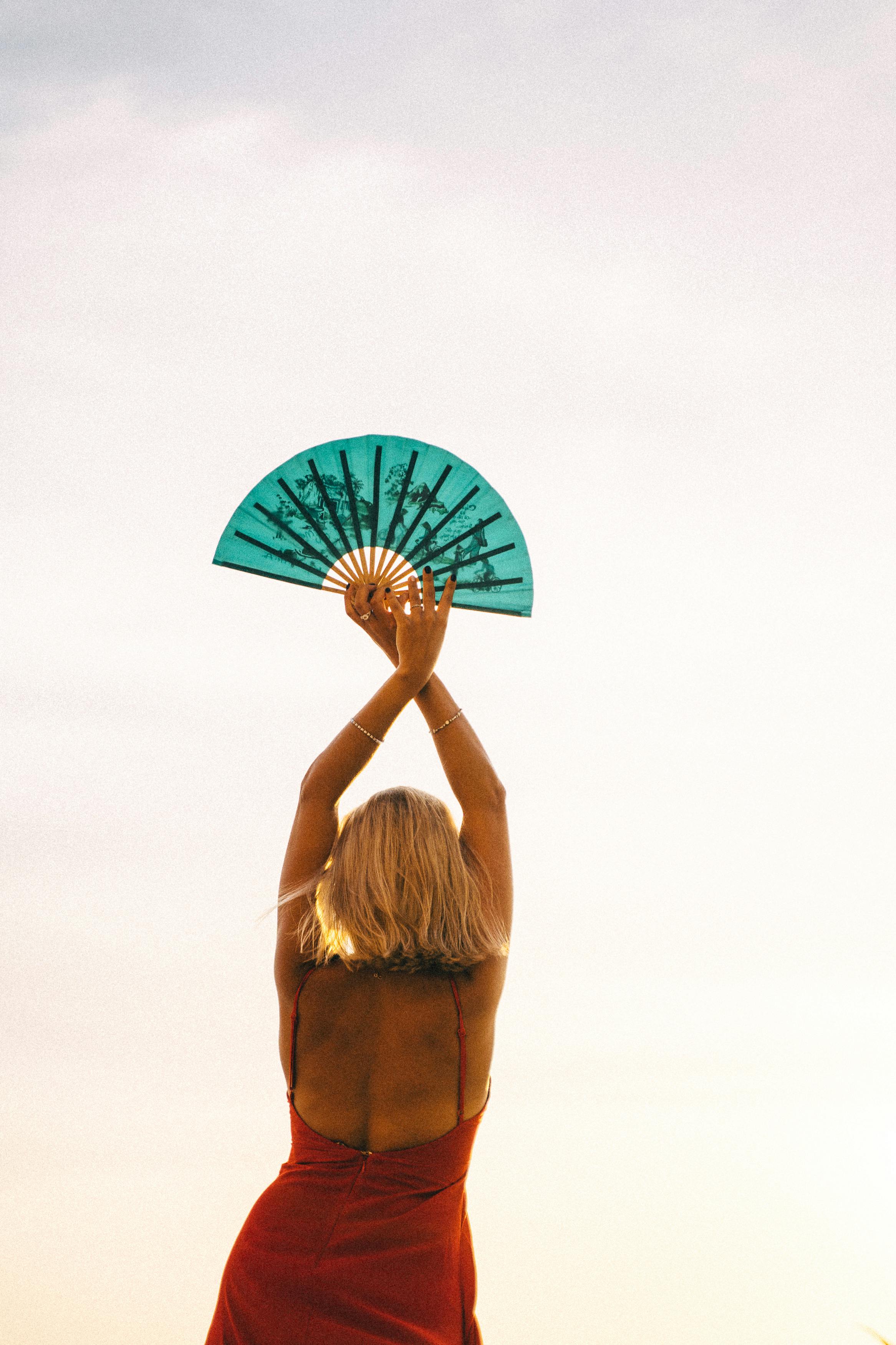 Back View of a Woman Holding a Blue Hand Fan · Free Stock Photo