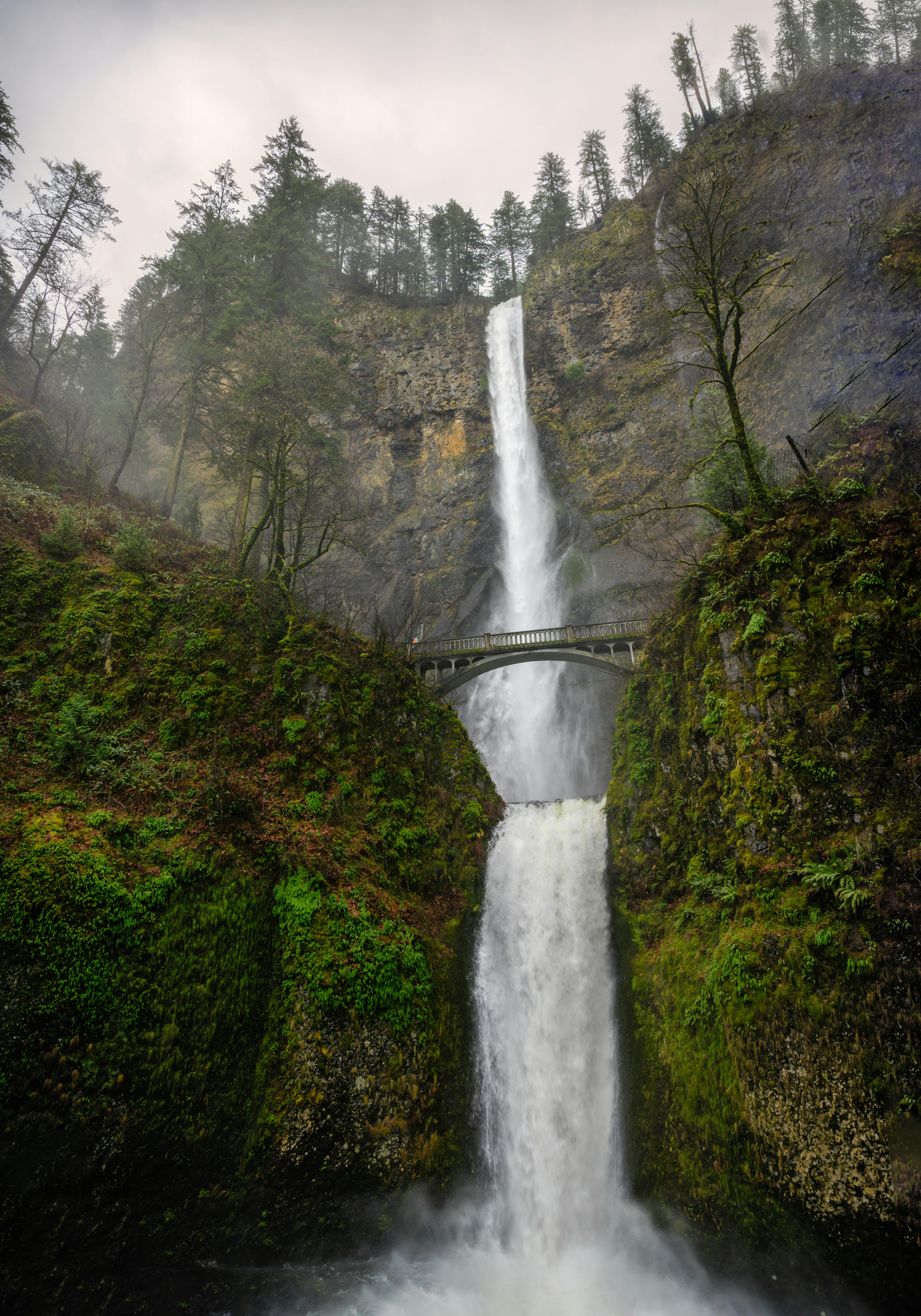 A Bridge in Front of a High Waterfall · Free Stock Photo