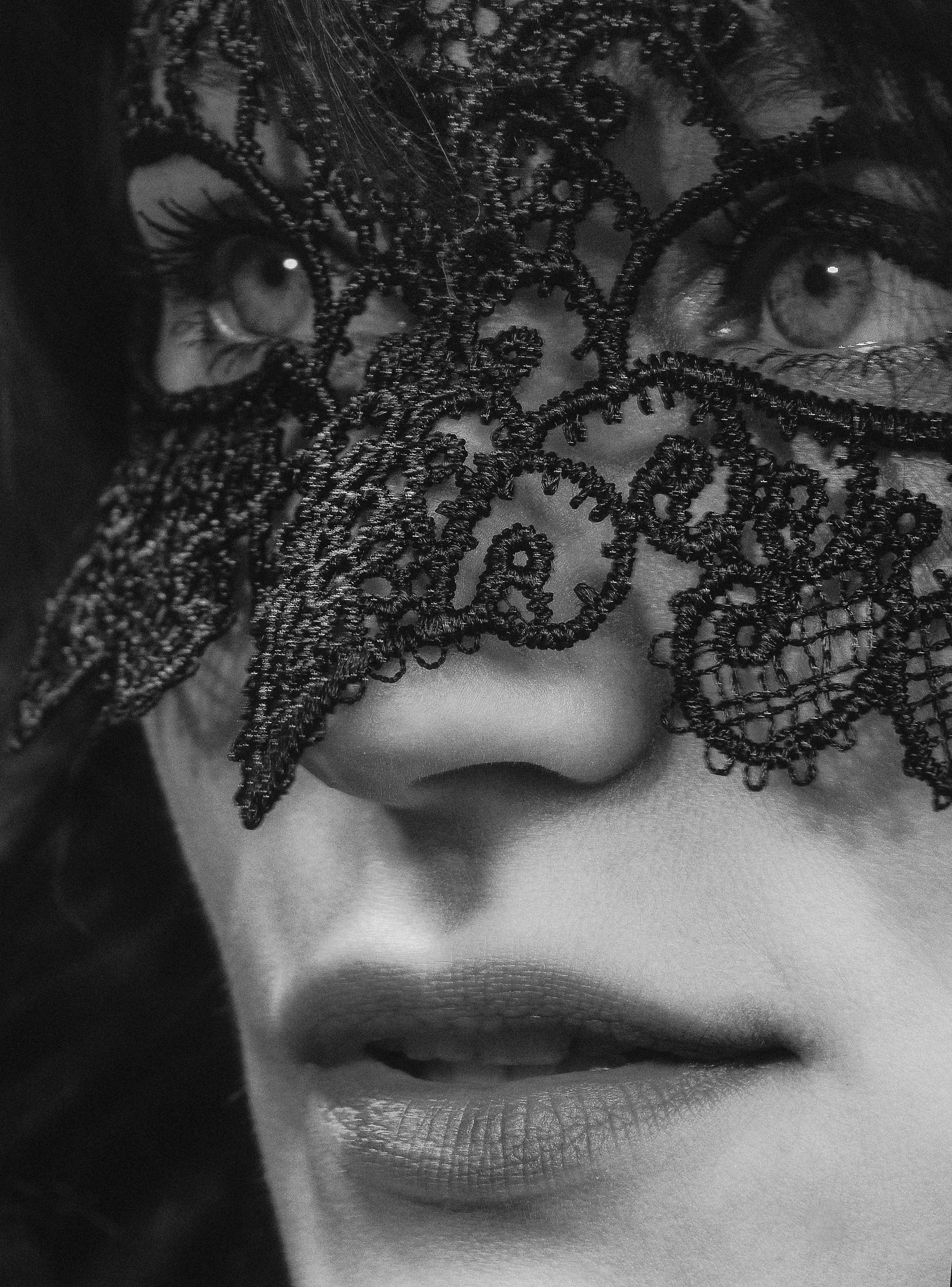 Grayscale Photo of Woman With Black Lace Floral Face Mask · Free Stock ...