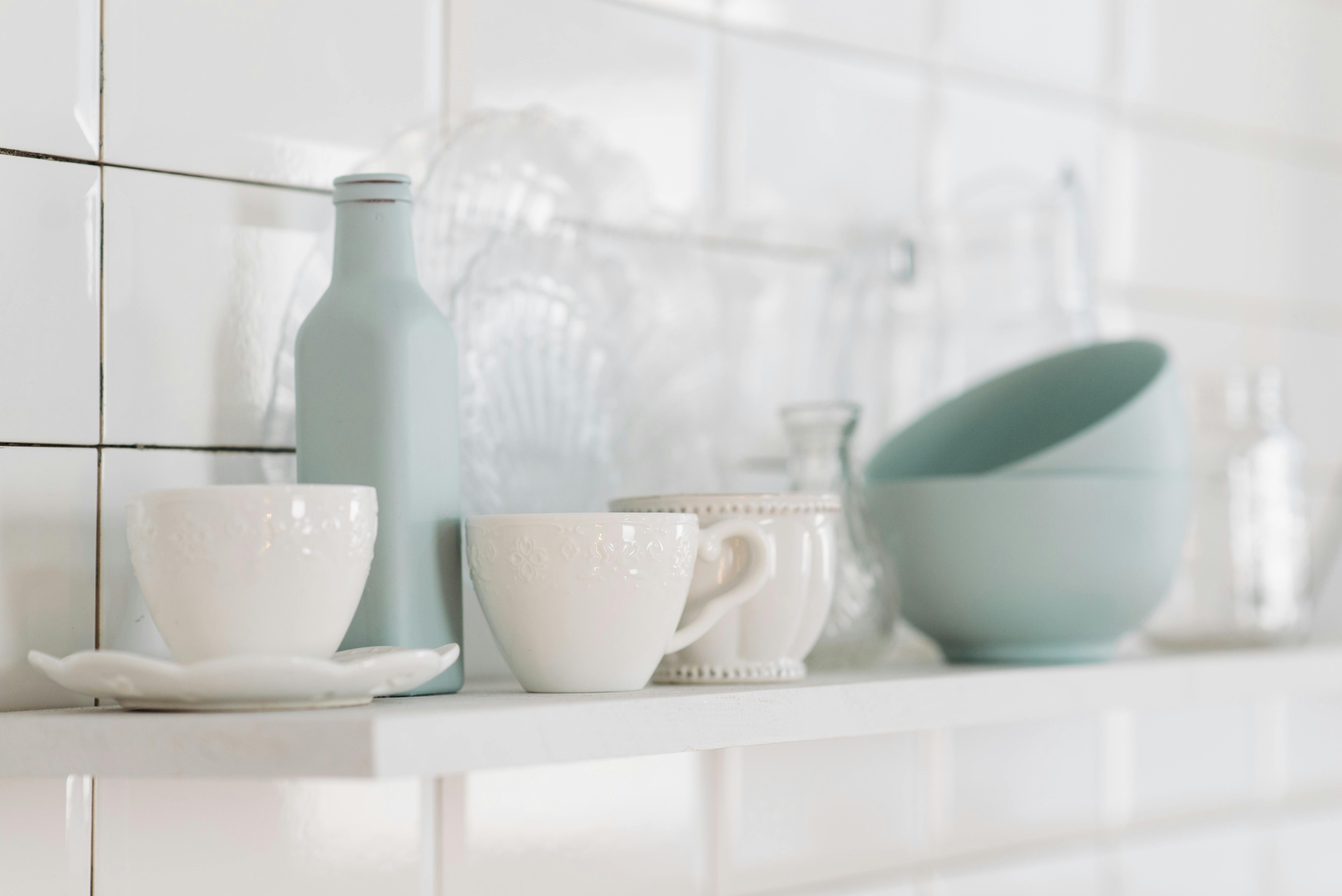 White Cups and Bowls on Kitchen Shelf · Free Stock Photo
