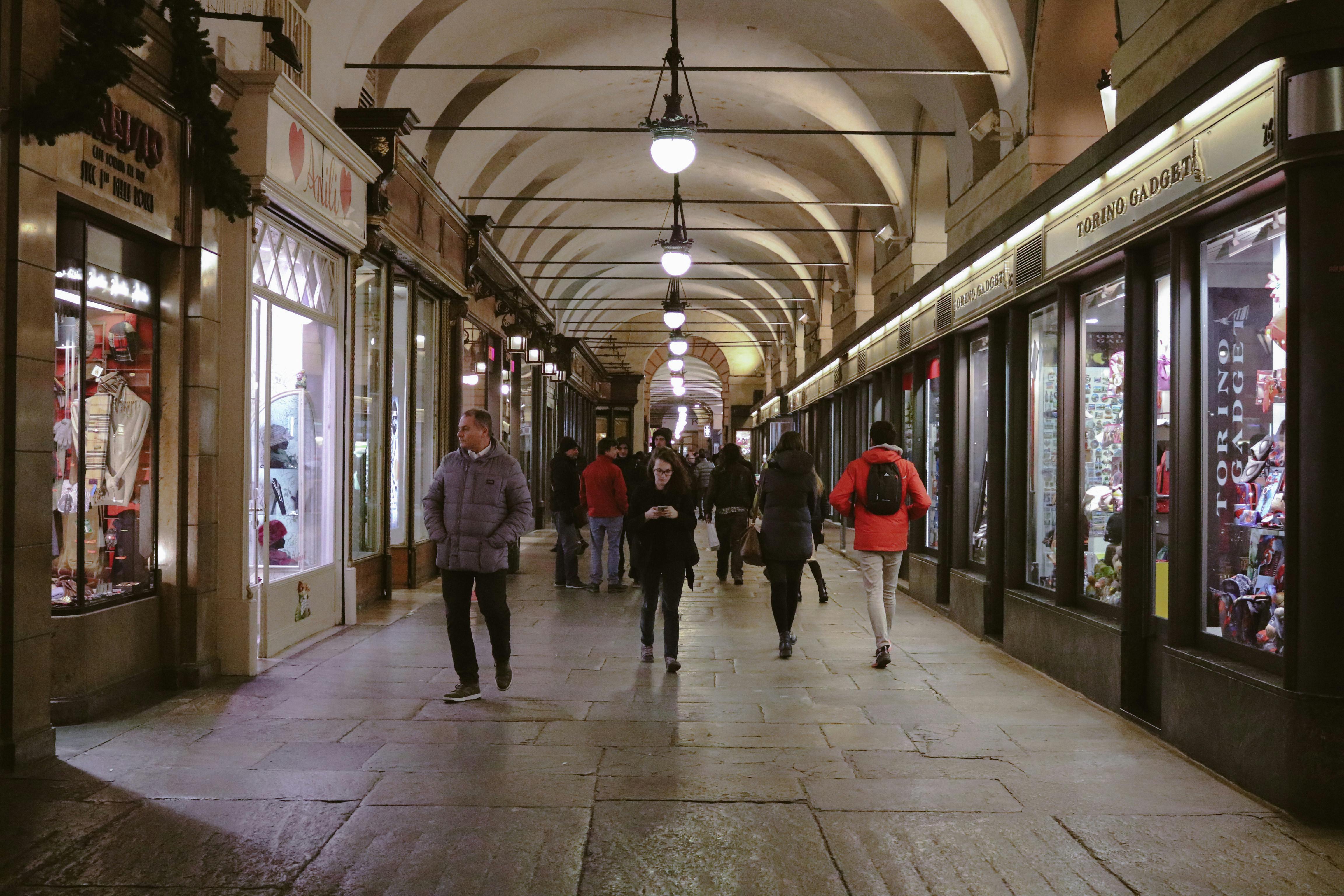 Empty hall interior with lamps above tiled floor · Free Stock Photo