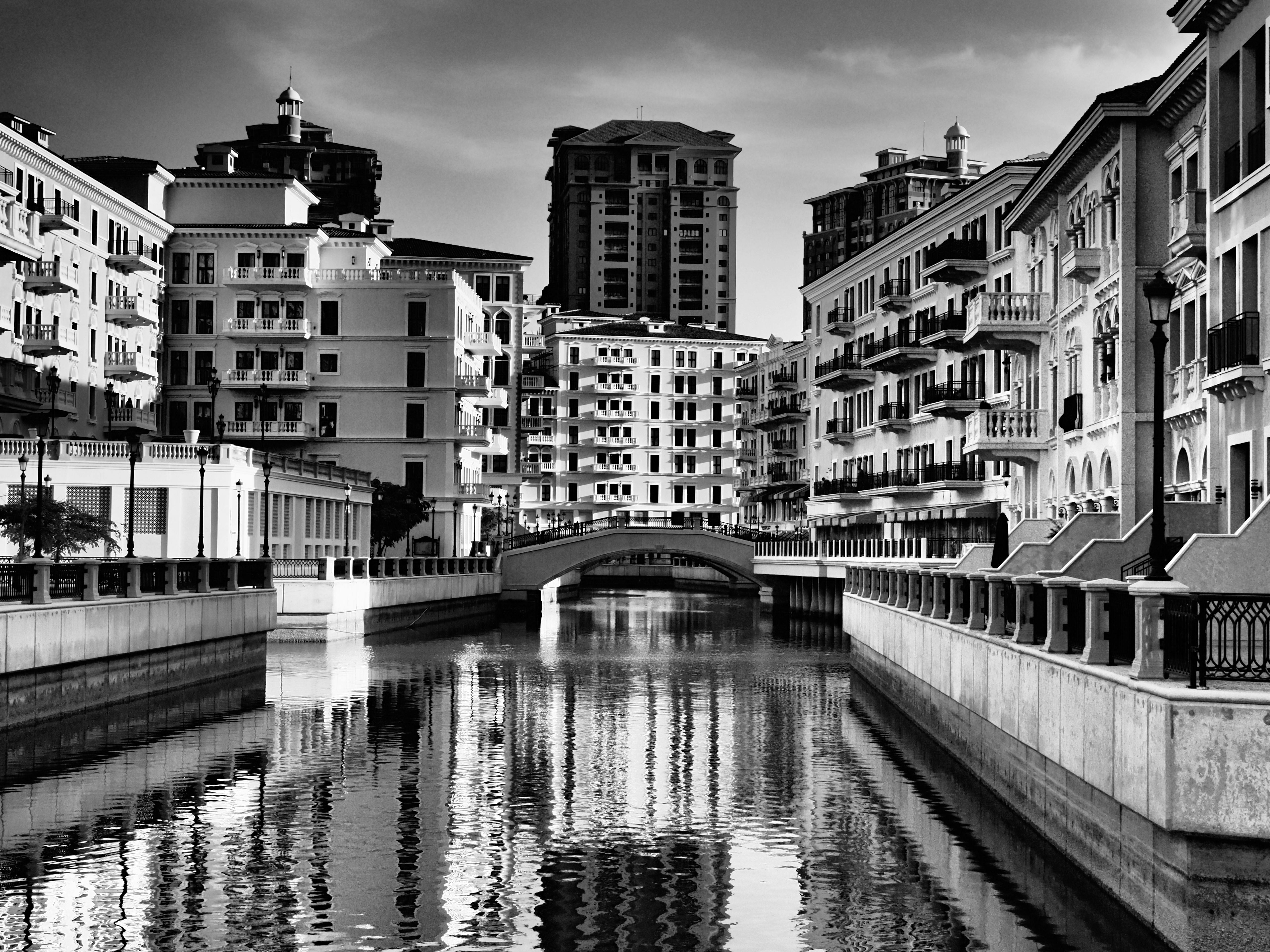 Grayscale Photo of a River Between Buildings · Free Stock Photo