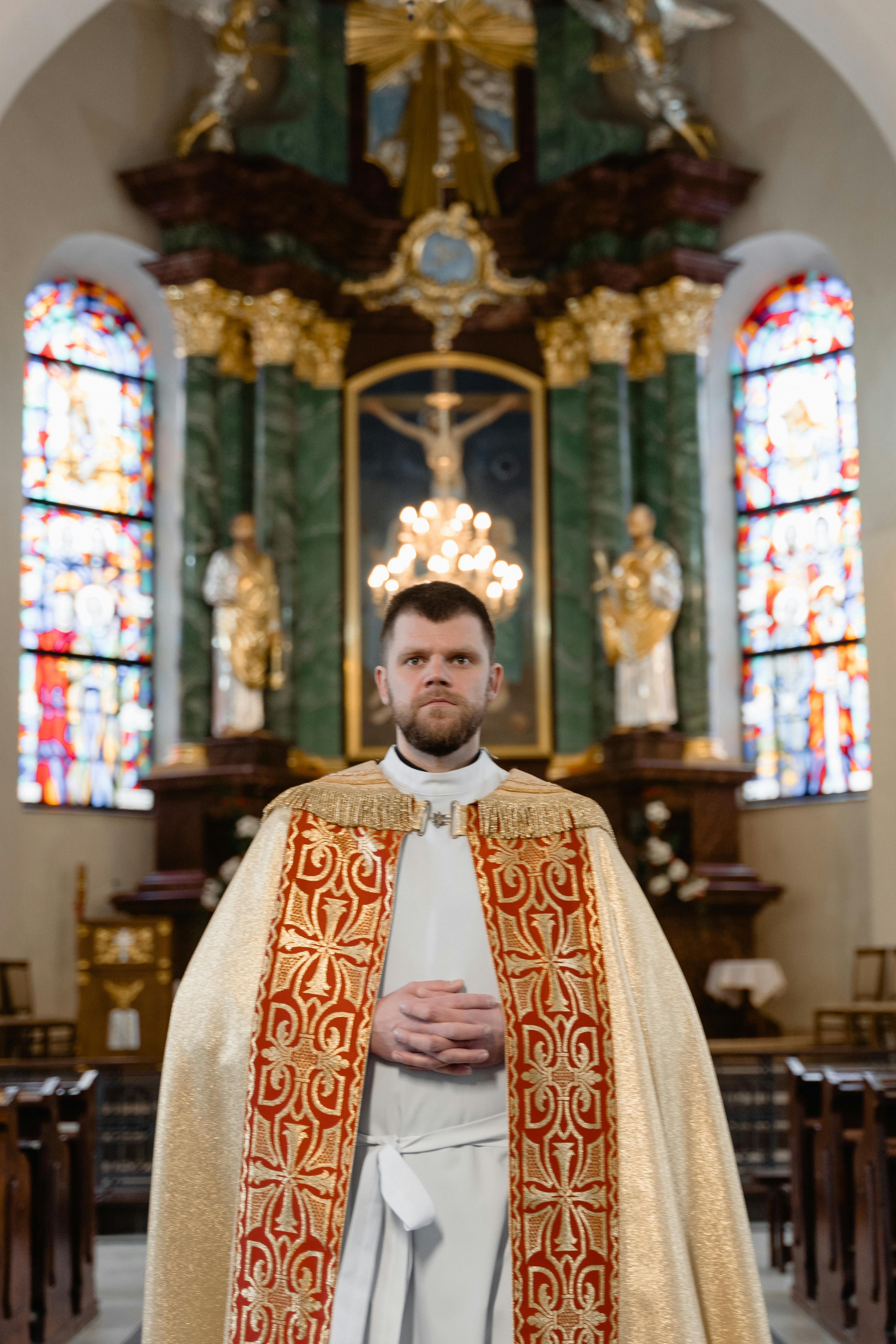 Priest in White and Red Chasuble Standing in Front of the Altar · Free ...