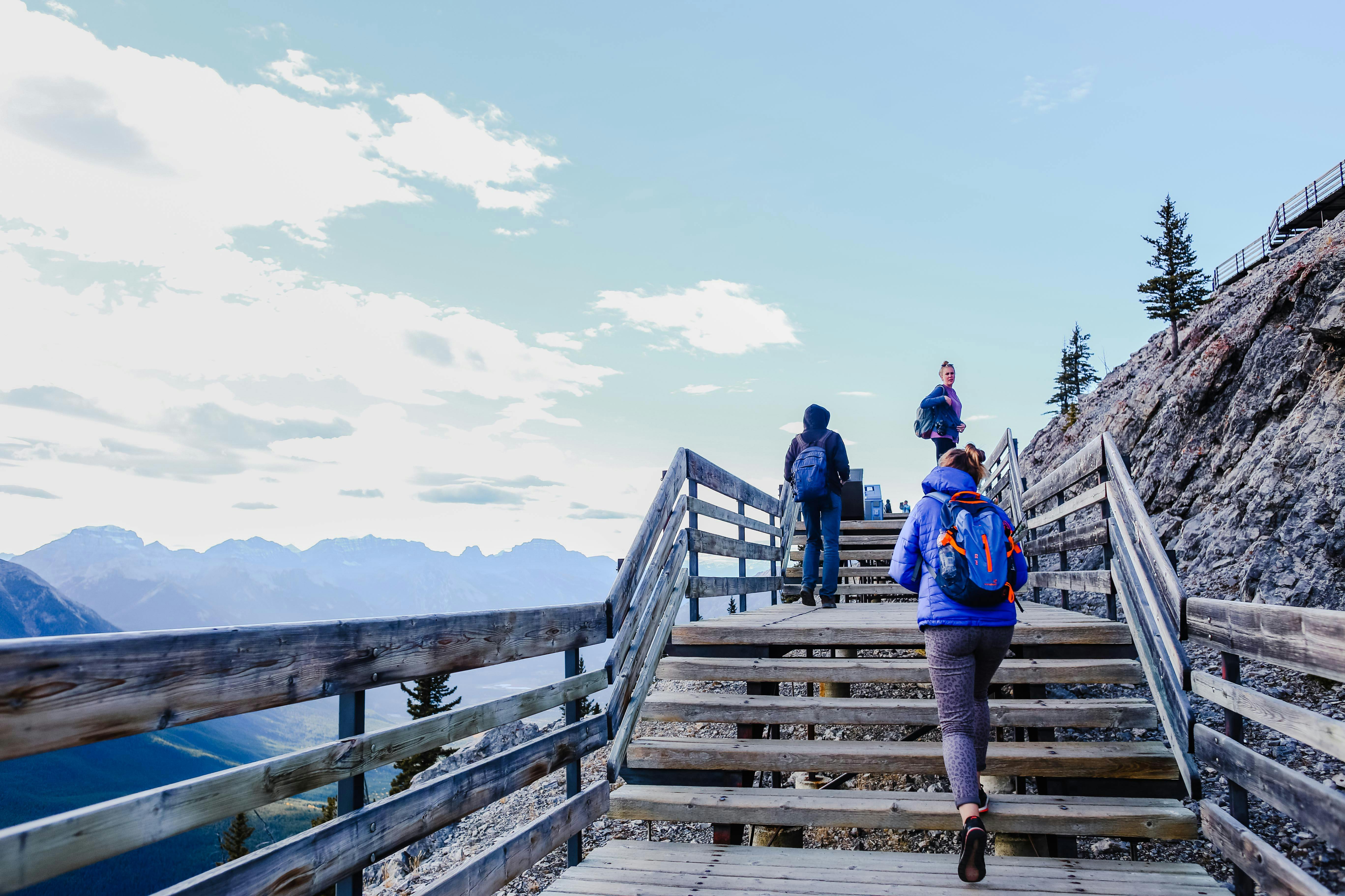 Hikers Walking up Wooden Stairs in Mountains · Free Stock Photo