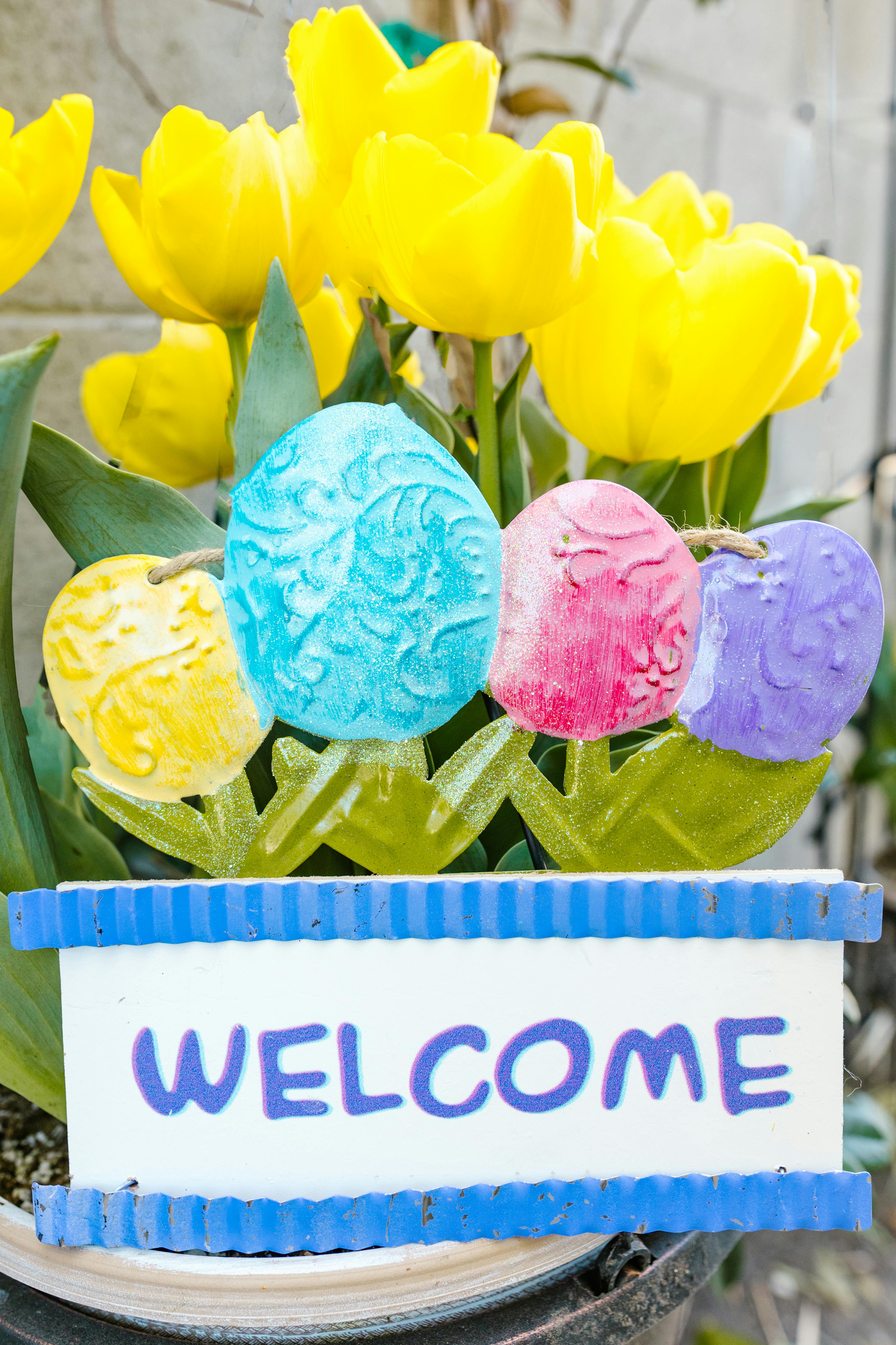 Welcome Sign in Front of Yellow Tulips · Free Stock Photo