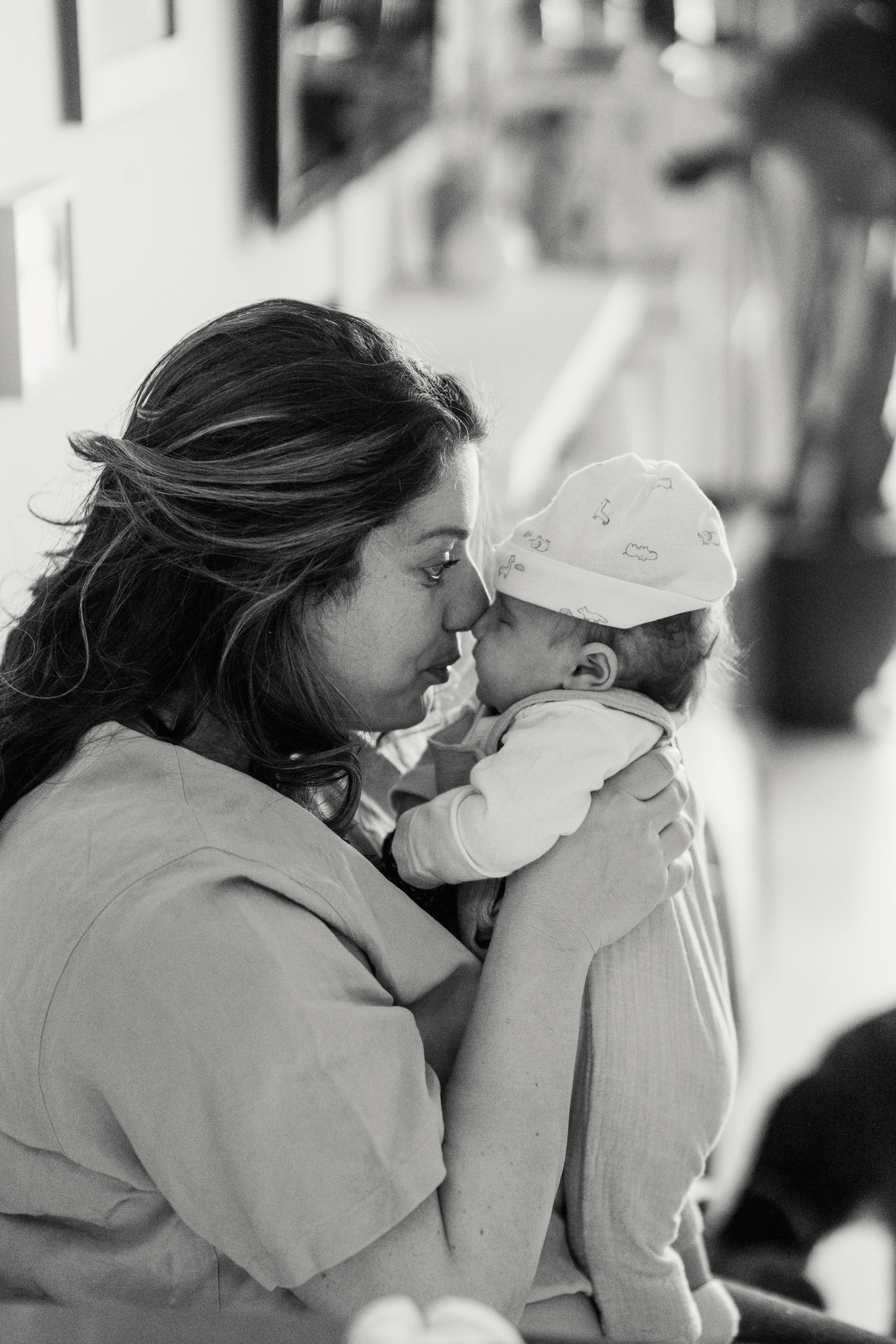 Grayscale Photo of Mother and Baby Face to Face · Free Stock Photo