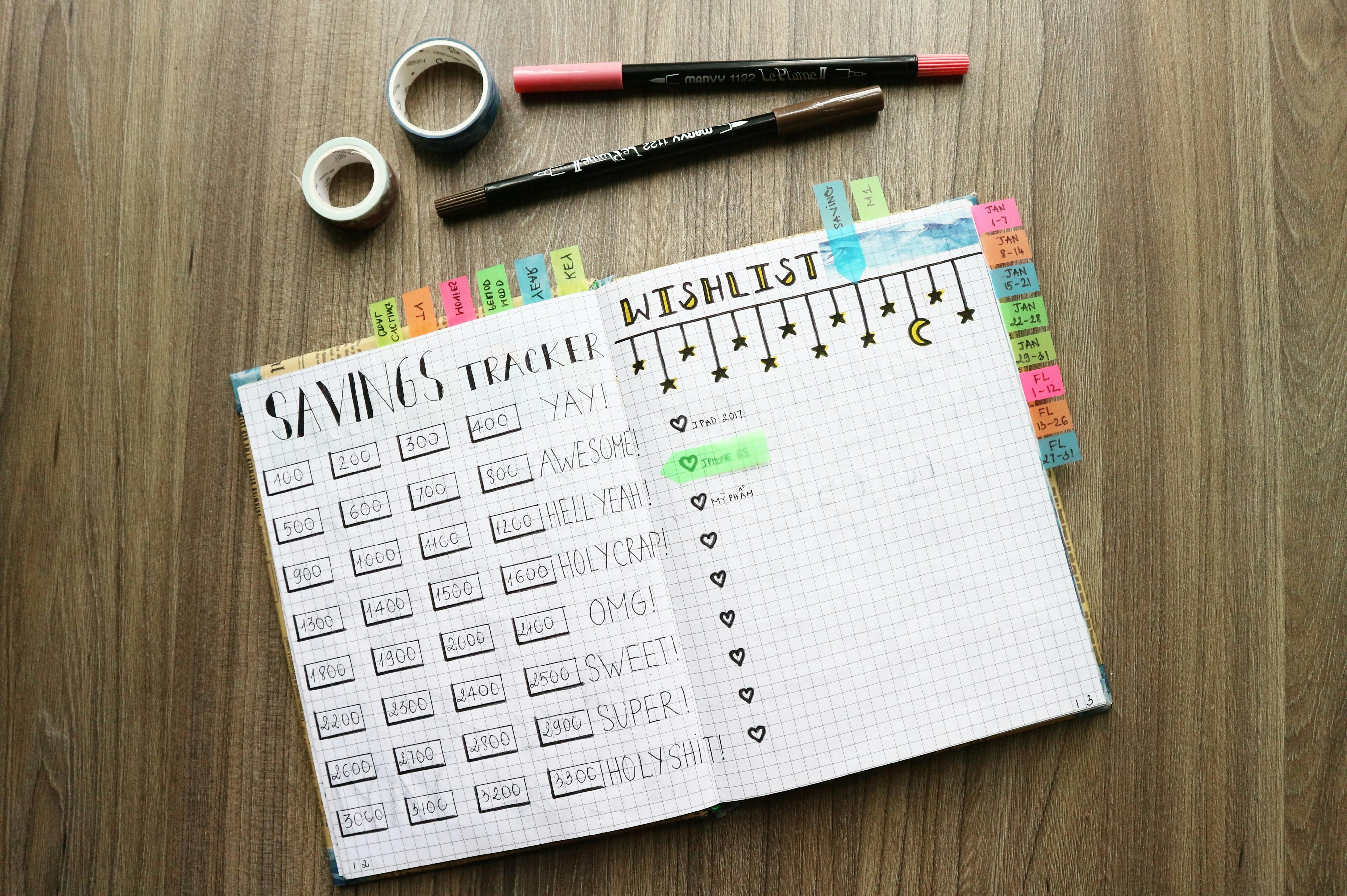 Free stock photo of bullet journal, pen, saving trackes
