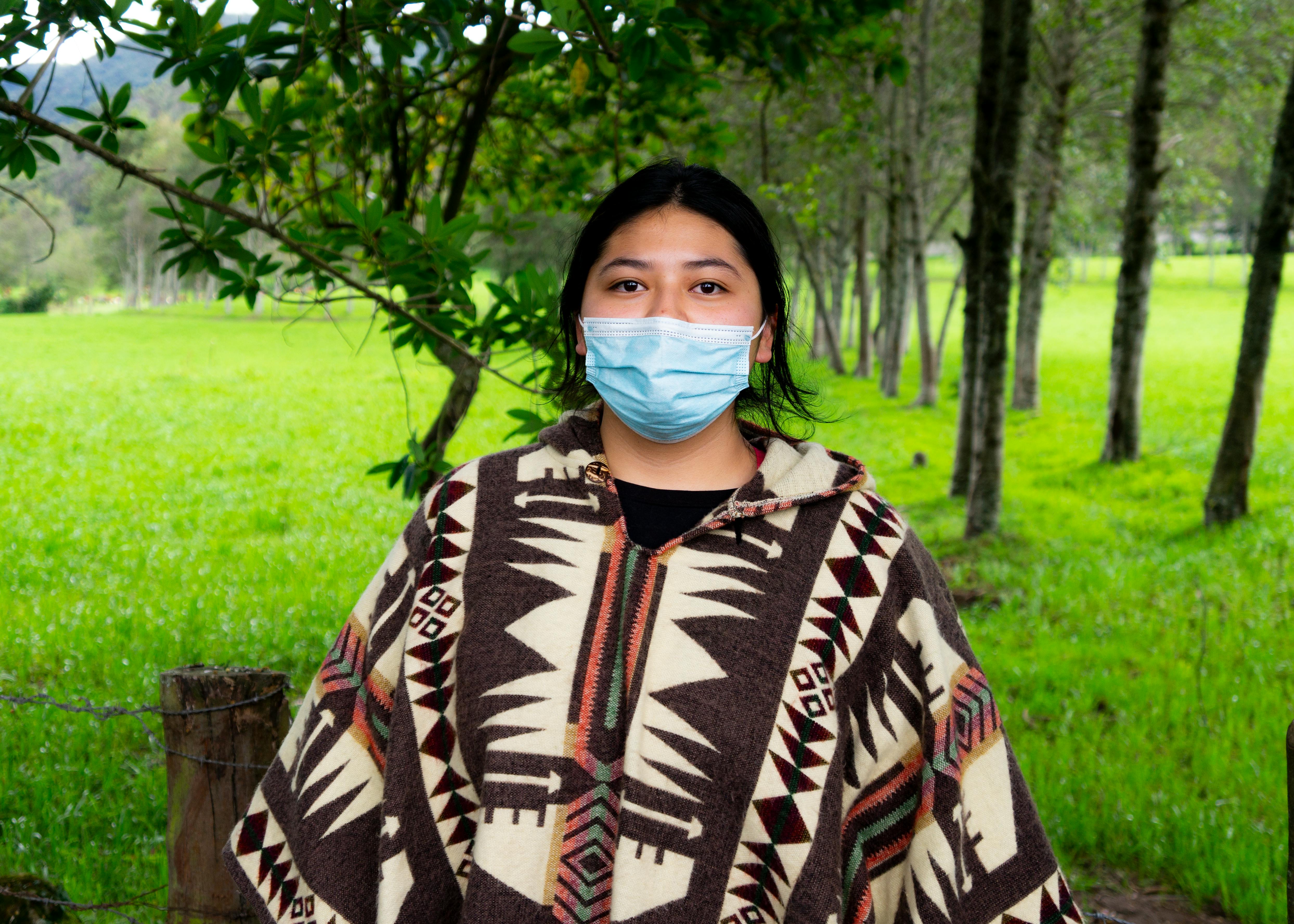 Portrait of Woman in Traditional Poncho Wearing Surgical Face Mask ...