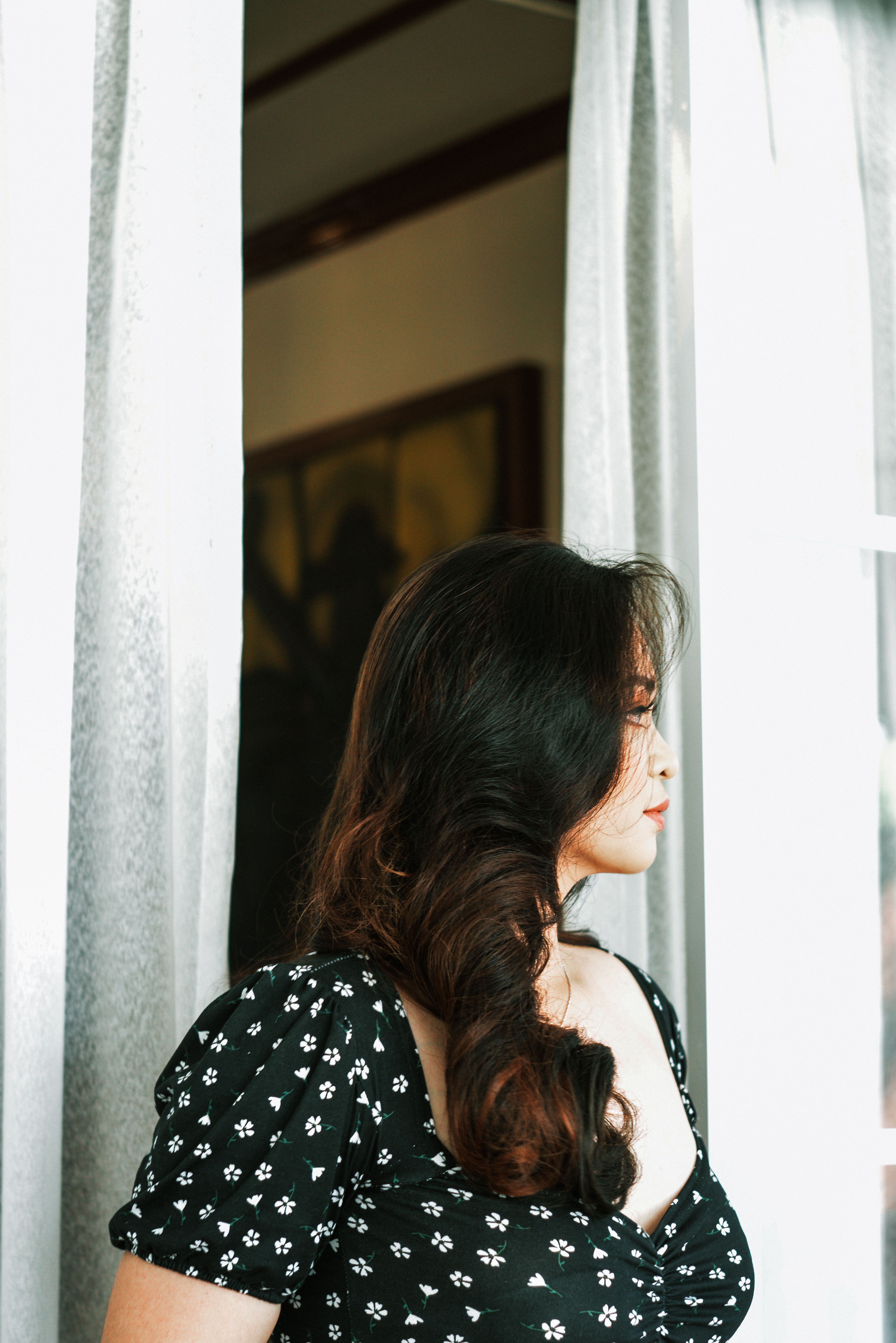 Woman Face in Shadow behind Curtain on Windows · Free Stock Photo