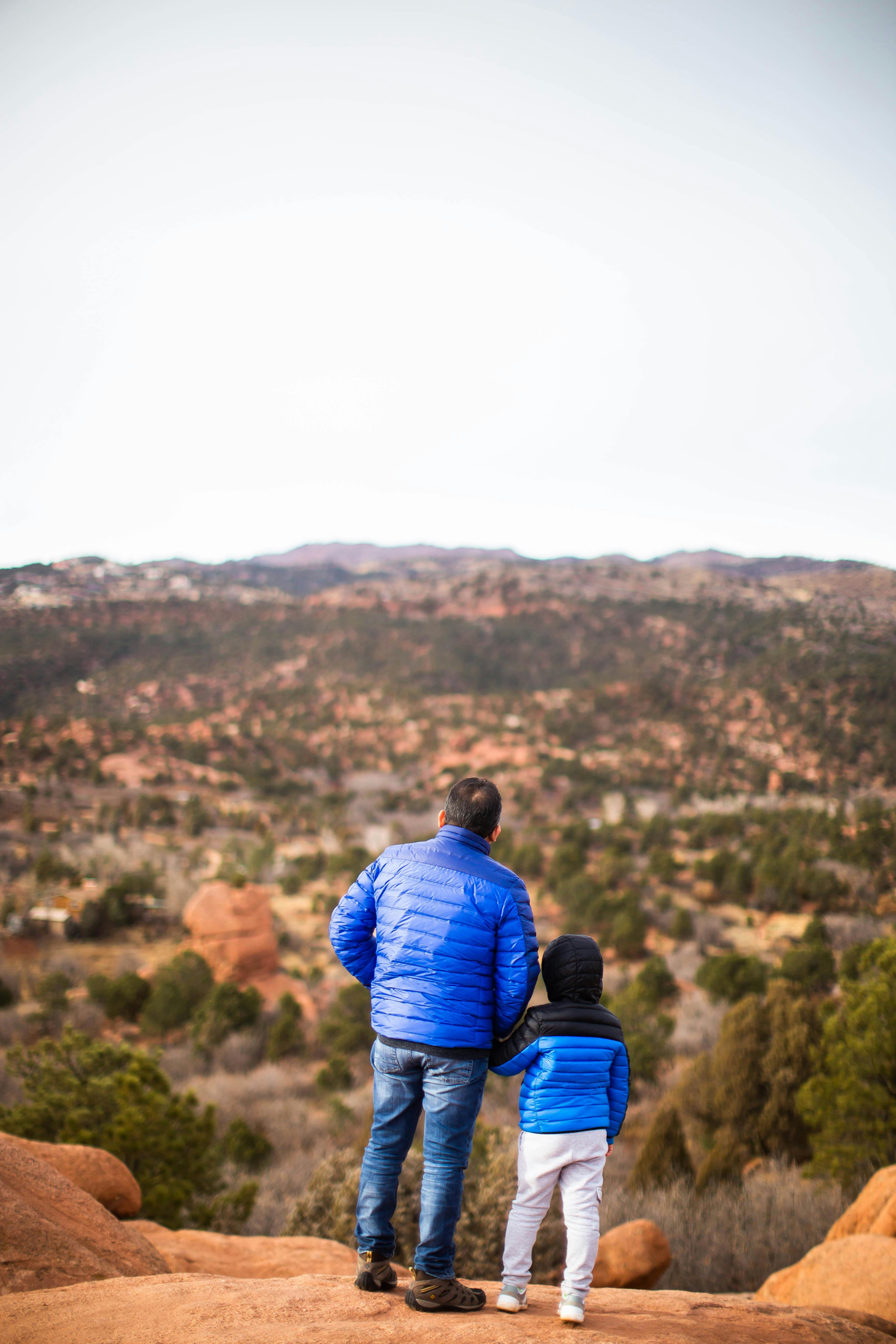 Unrecognizable father with son contemplating mountains with trees ...
